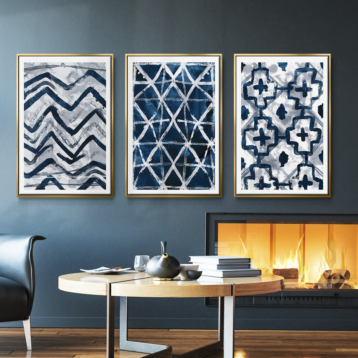 Ivy Bronx Indigo Memory IV Framed On Canvas 3 Pieces Set | Wayfair