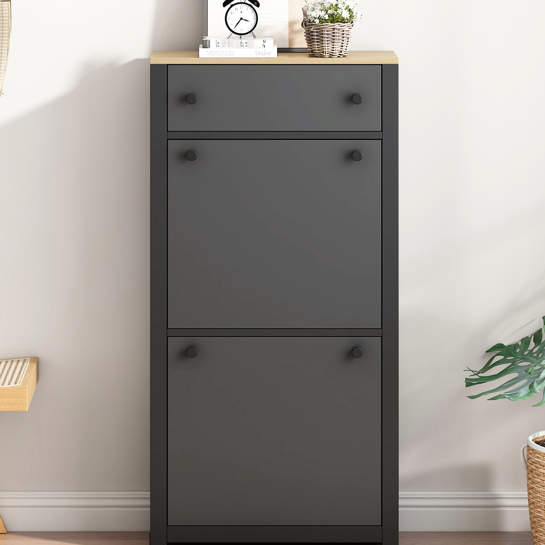 Ebern Designs Grey Shoe Storage Cabinet With 2 Flip Drawers ...