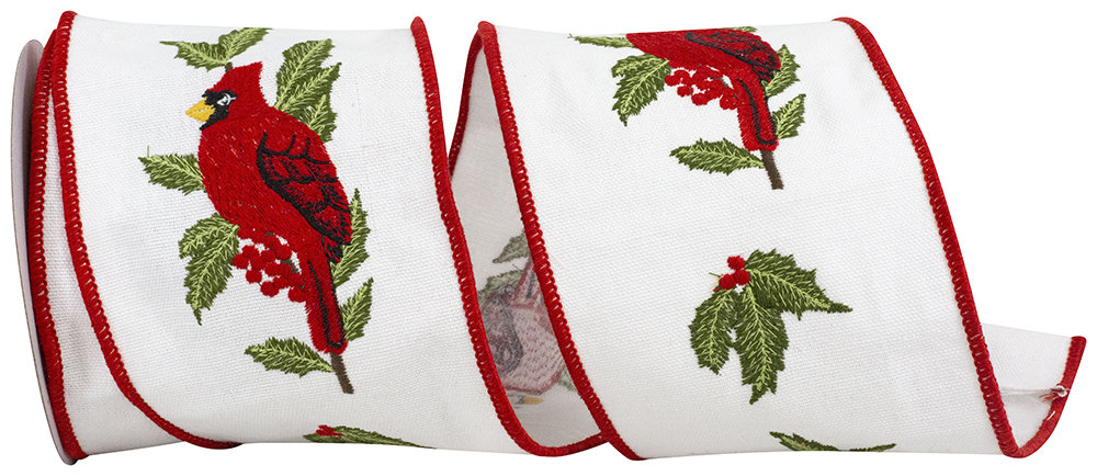 The Holiday Aisle® 4"X5Yd White/Red Cardinal Embroidery Linen Deluxe ...