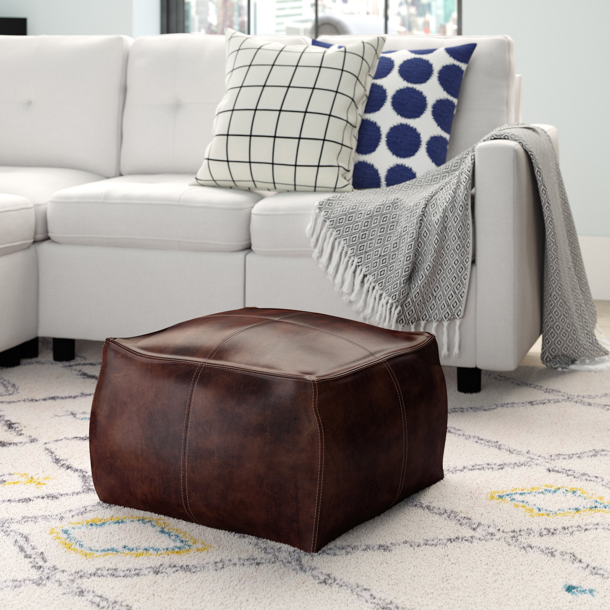 Birch Lane™ Galya 22" Wide Genuine Leather Square Pouf & Reviews ...