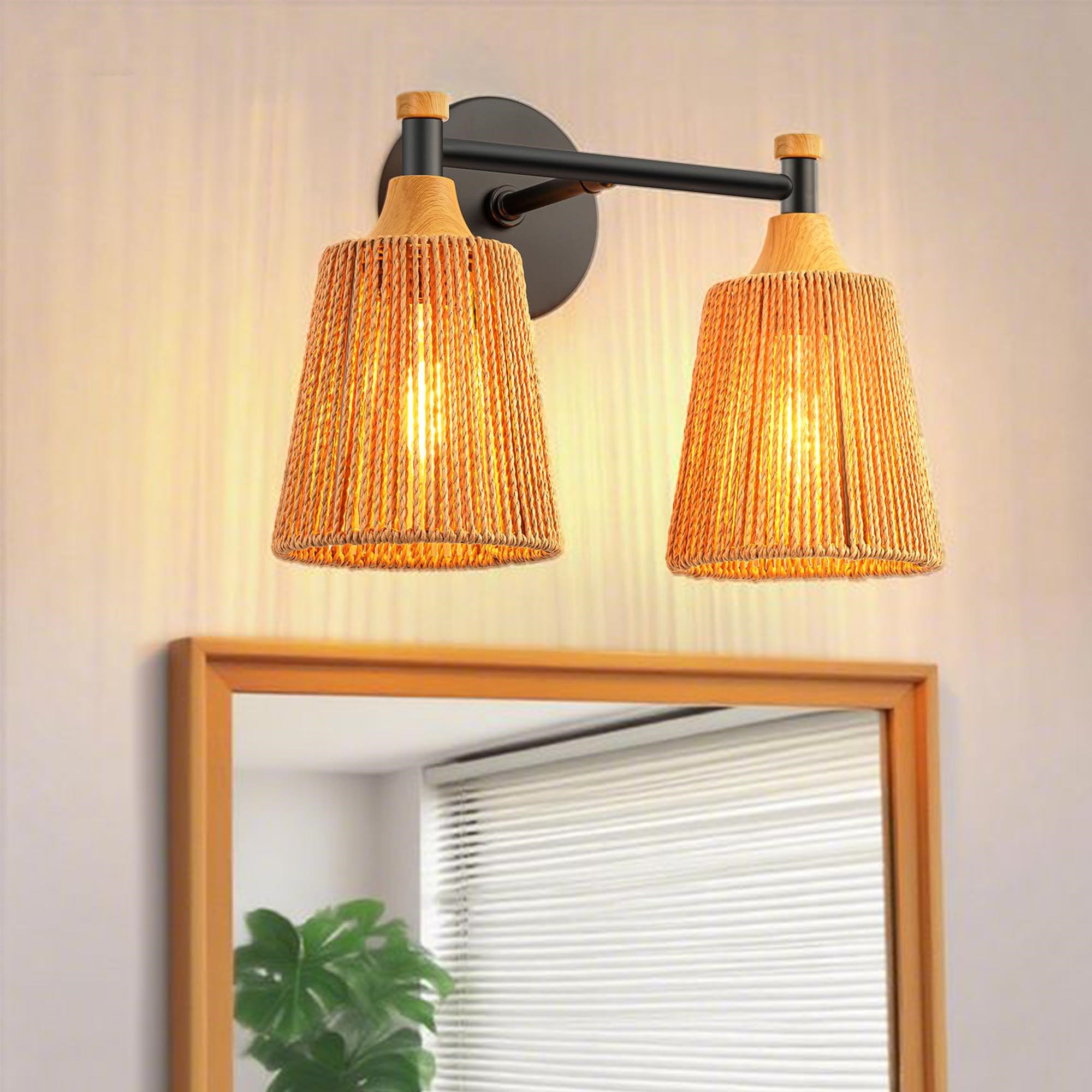 Ivy Bronx 2-Light Modern Boho Vanity Light With Woven Lampshades ...