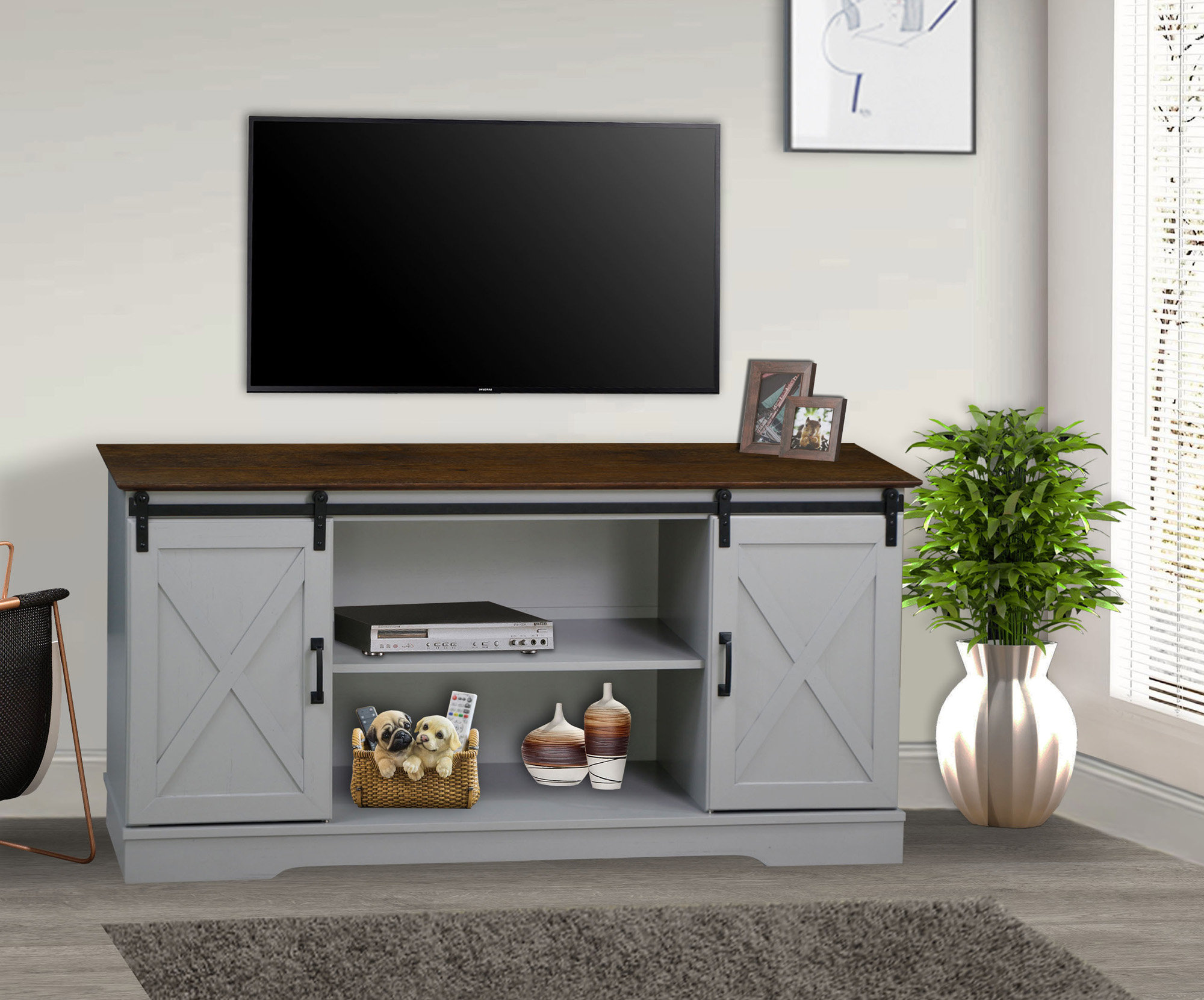Gracie Oaks "Farmhouse Style Media Console With Barn Door Sliders | Wayfair
