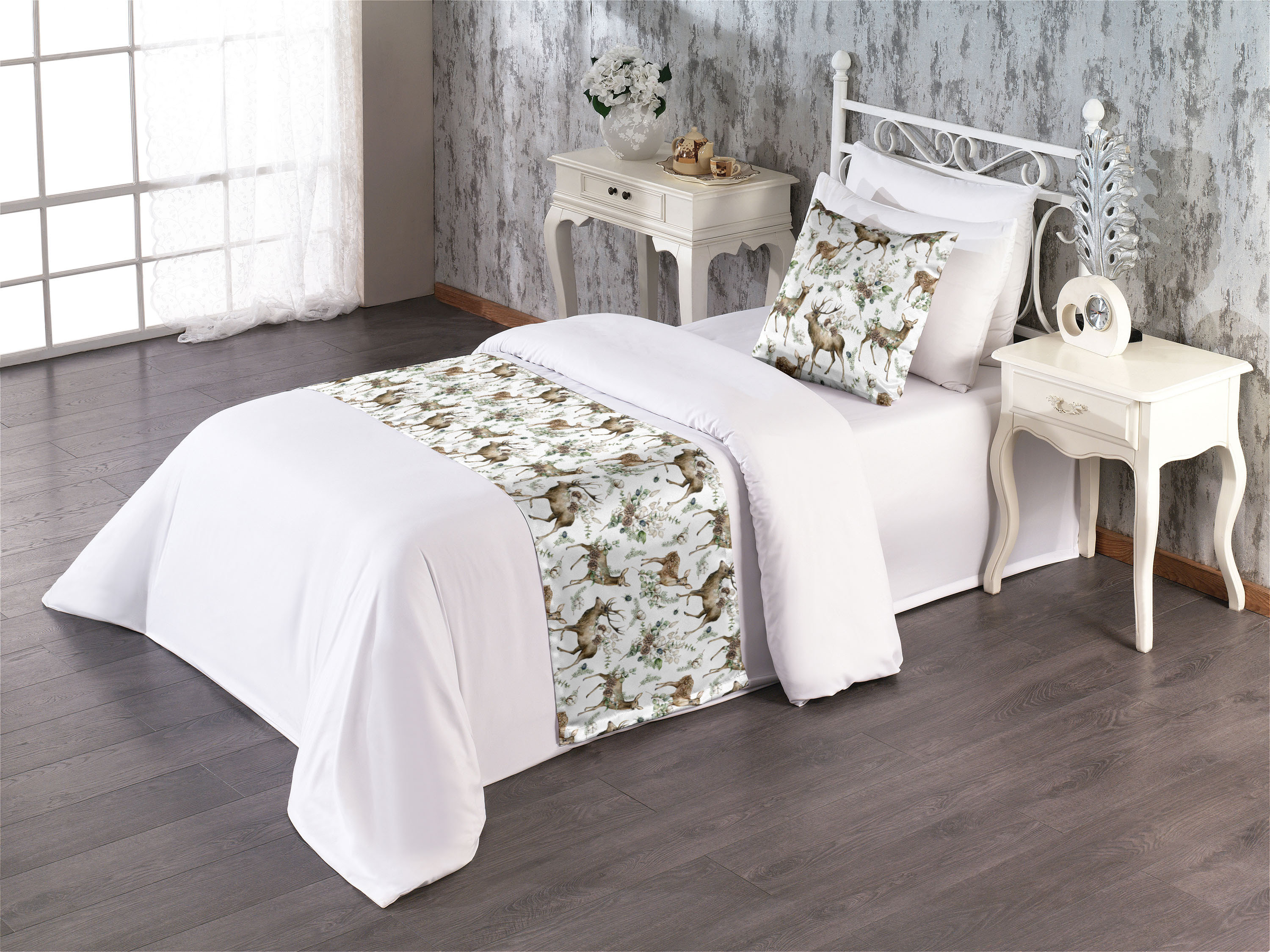 Ambesonne Woods Bed Runner Set Antler Reindeer Floral Spring Brown ...