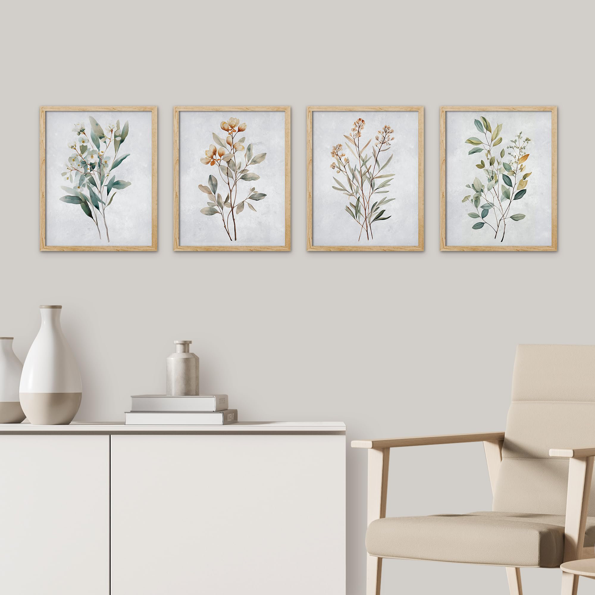 SIGNLEADER Green Wildflowers Floral Botanical - 4 Piece Single Picture ...
