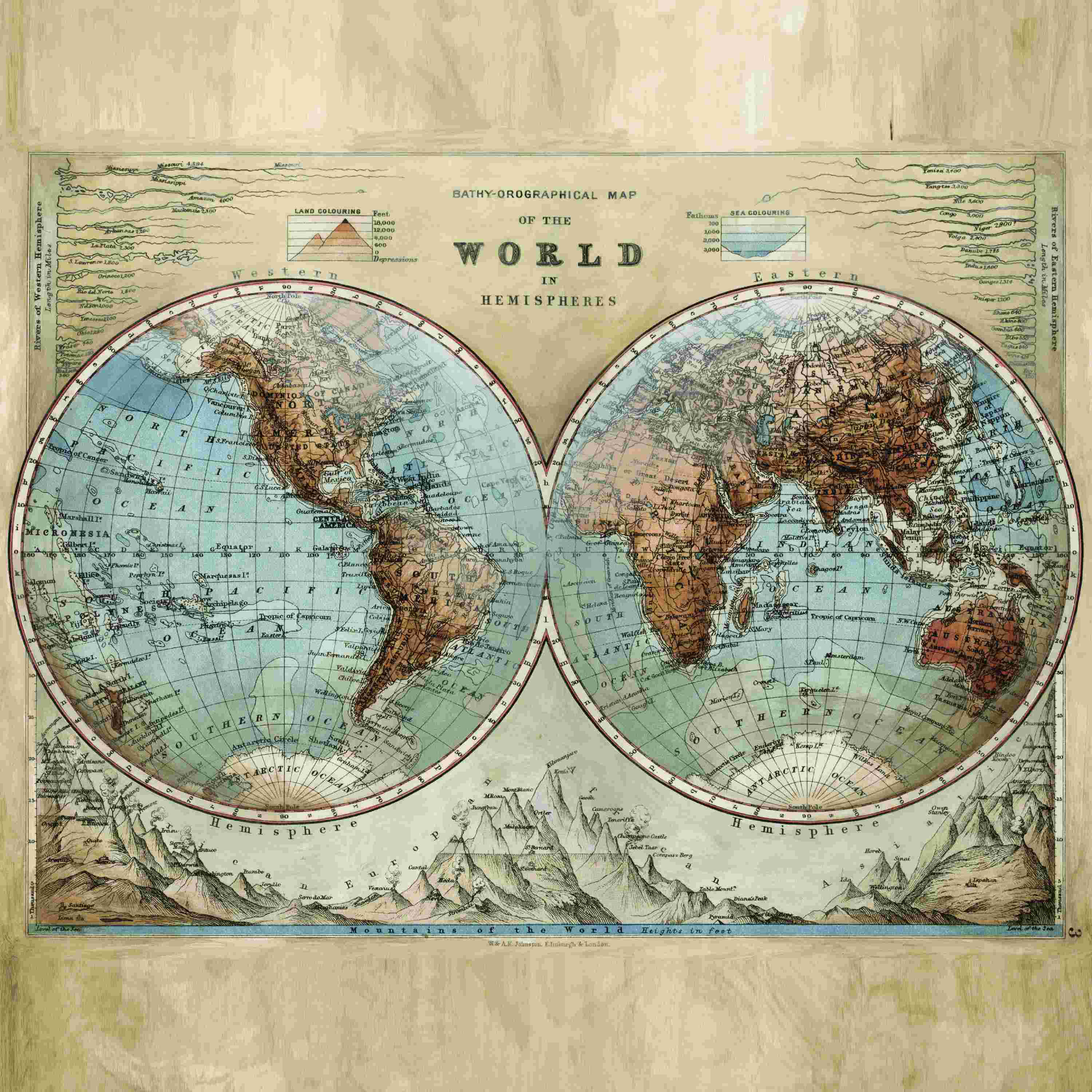 17 Stories World Map With Hemispheres 2 - Wrapped Canvas Print ...