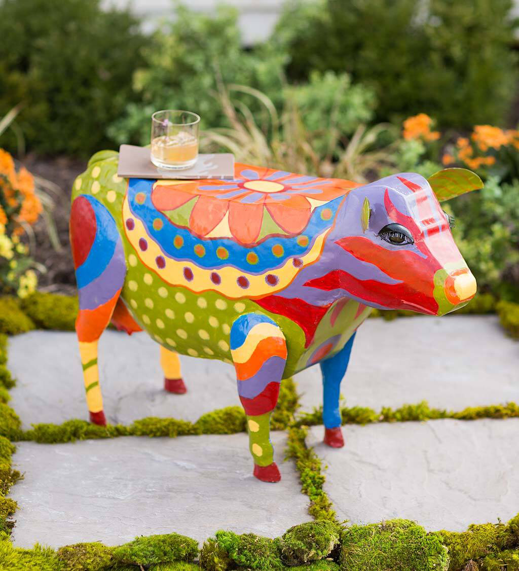 Bungalow Rose Mikito Handmade Painted Folk Art Cow Metal Side Table ...