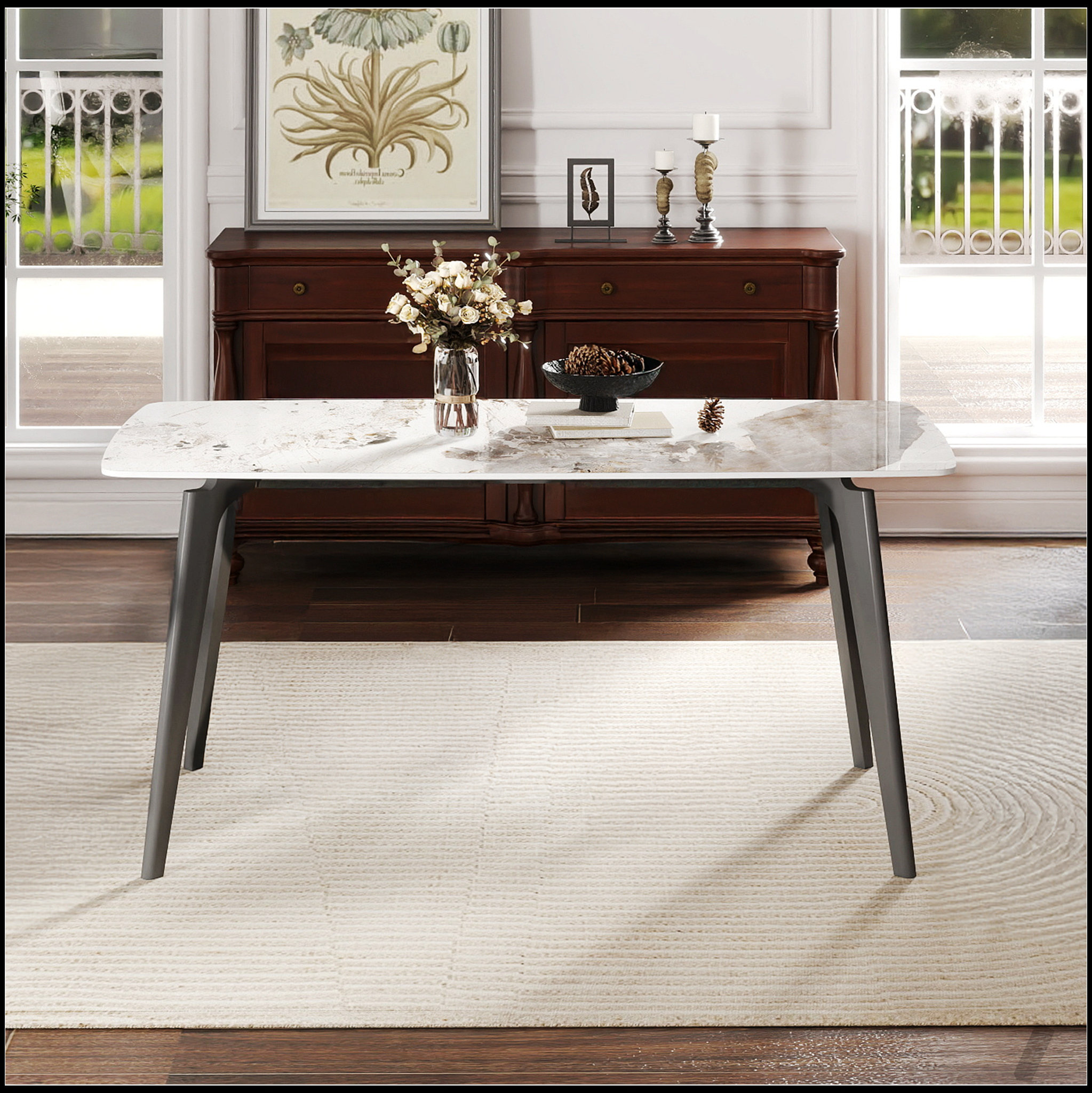 Ivy Bronx Modern Artificial Stone White Curved Edge Metal Leg Dining ...