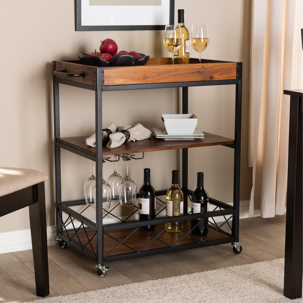 17 Stories 32.6'' Tall Industrial Rolling Wine Cart With Glass Rack And ...