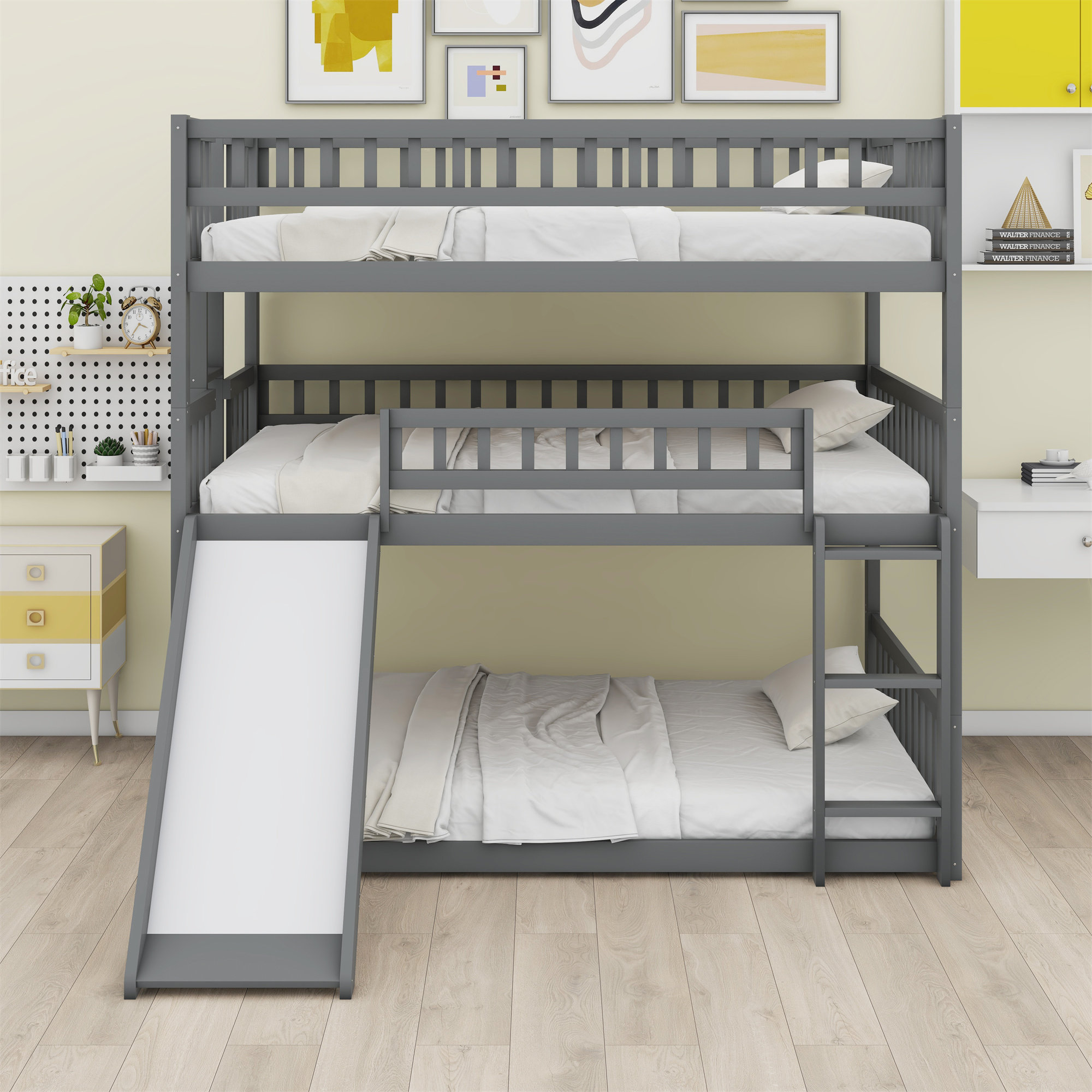 Harriet Bee Triple Bed With Ladder And Slide,Triple Bunk Bed With ...
