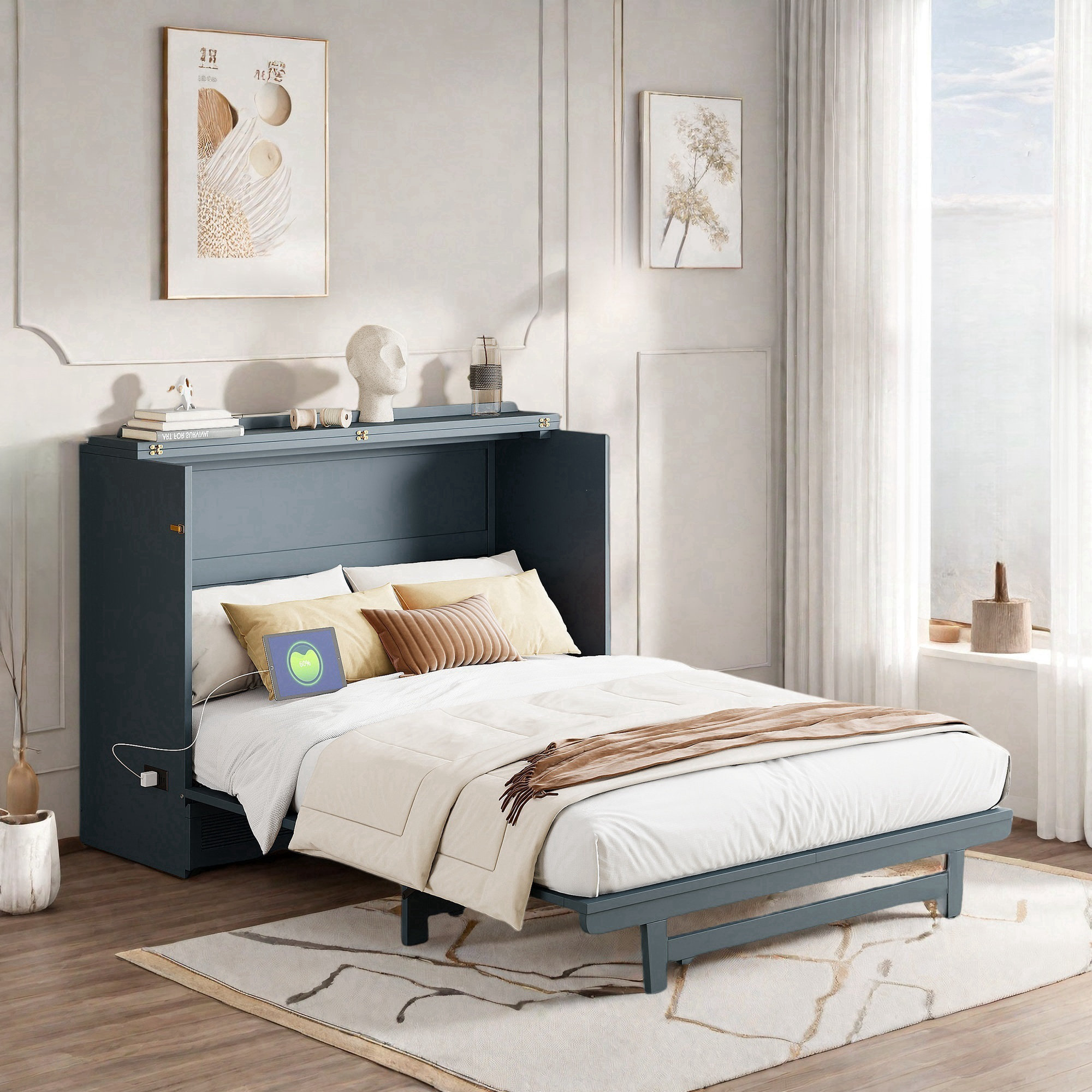 Latitude Run® Murphy Bed With A Drawer, Charging Station And Striped ...