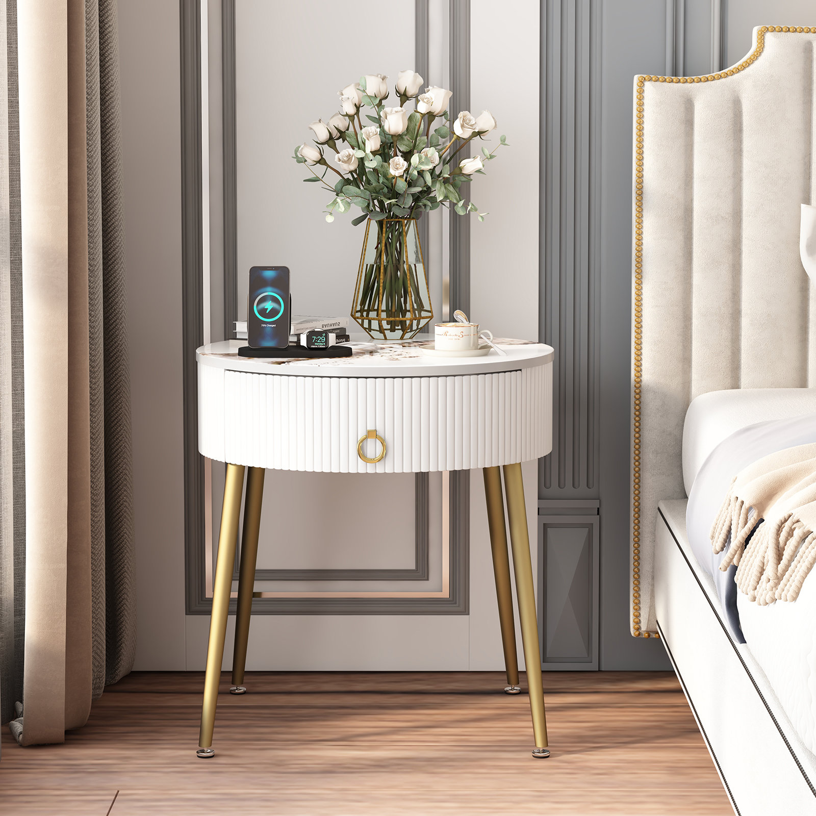 Mercer41 Palbo 20.63" Tall Round Nightstand with Storage and Sintered ...