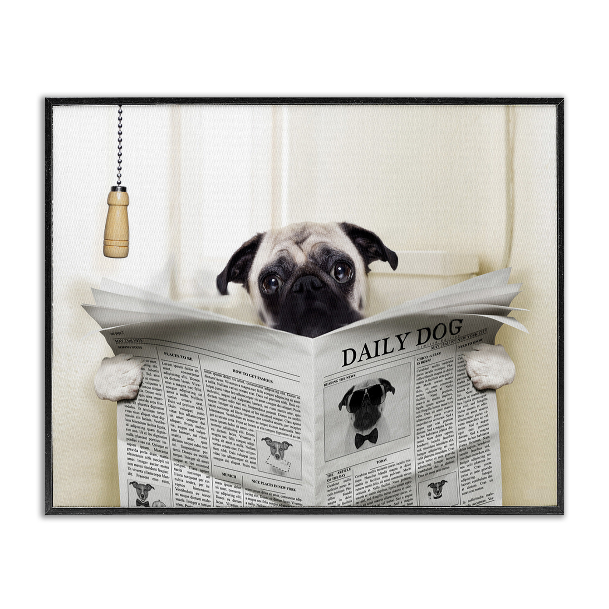 Wrought Studio™ Pug Reading Newspaper in Bathroom - Graphic Art Print ...