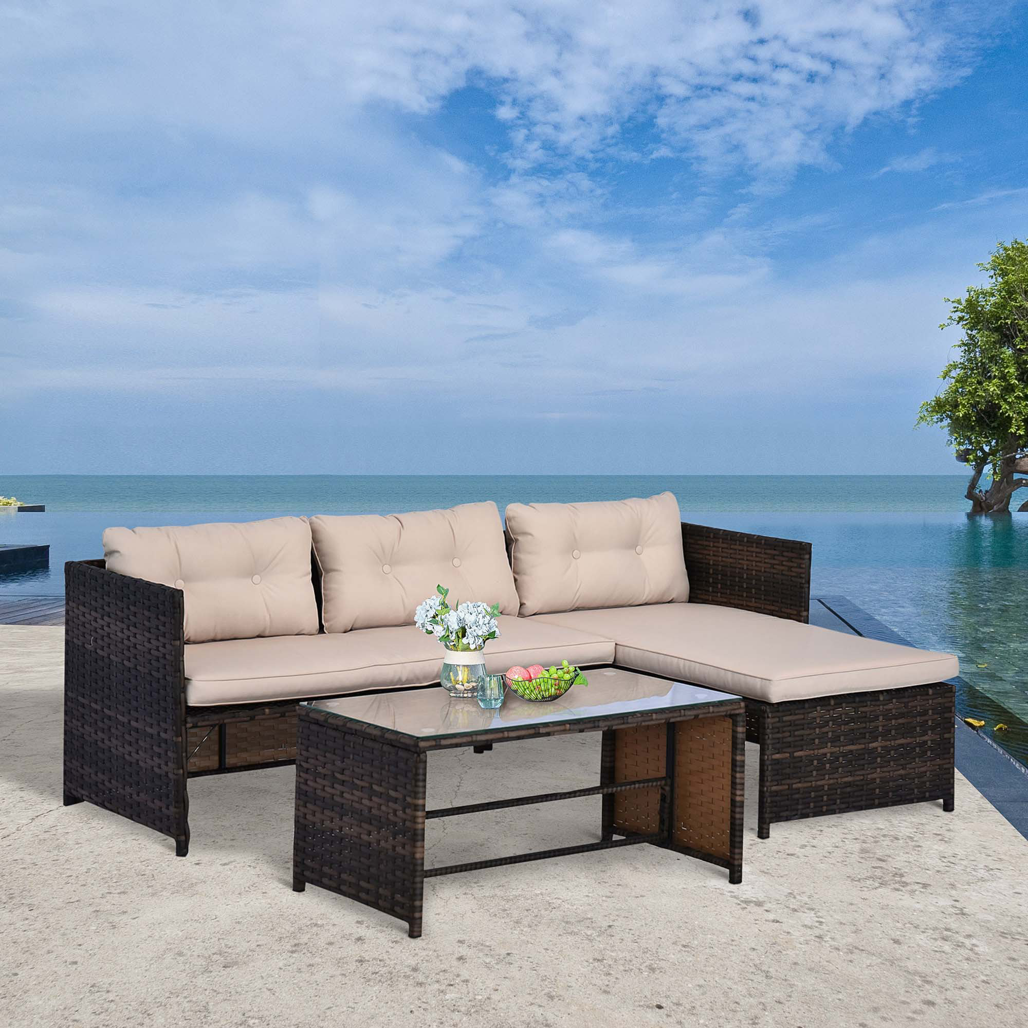 Ebern Designs Outsunny 3 Piece Patio Furniture Set,Rattan Outdoor Sofa ...