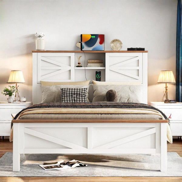 Gracie Oaks Farmhouse Platform Bed With Double Sliding Barn Doors And ...