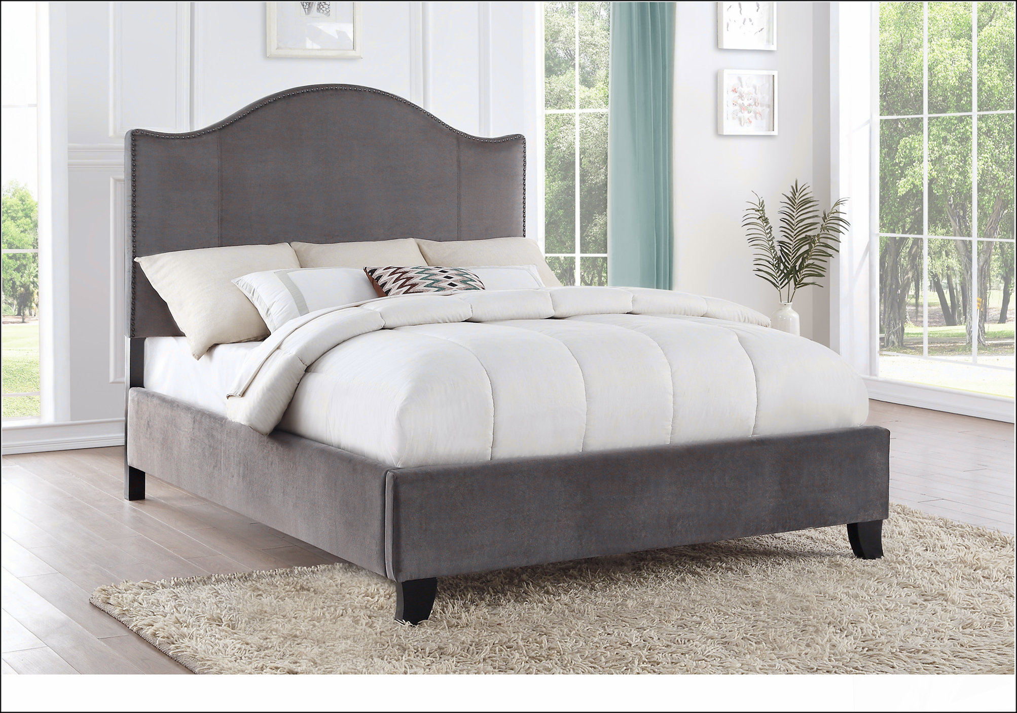 House of Hampton® Modern Traditional Bedroom Gray Velvet Upholstered ...