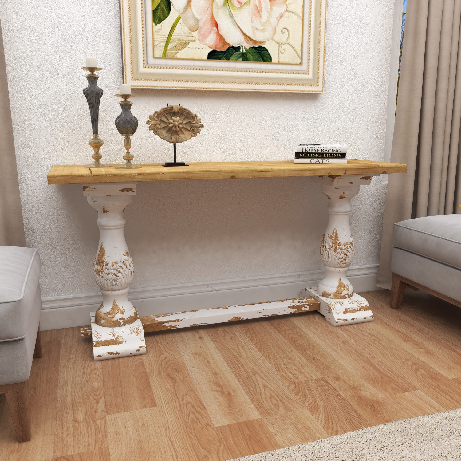 Ophelia & Co. Esposito White Wood Distressed Console Table with Brown ...
