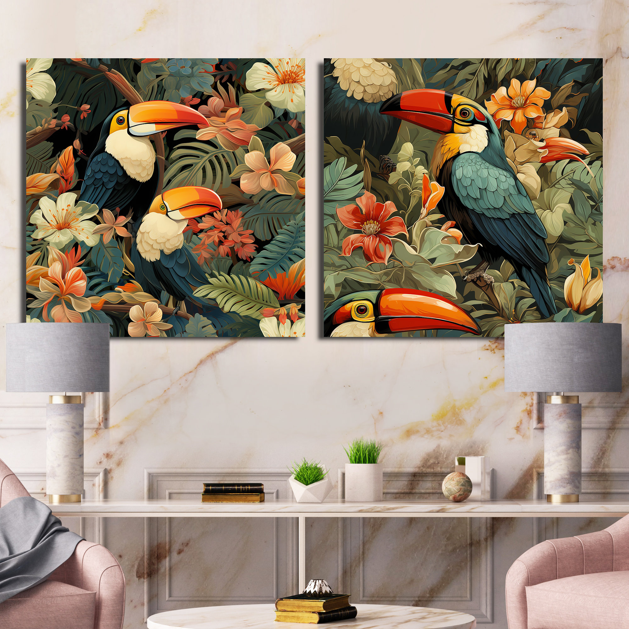 Design Art Toucan Tapestry Tropical Pattern - Tropical Square Collage ...