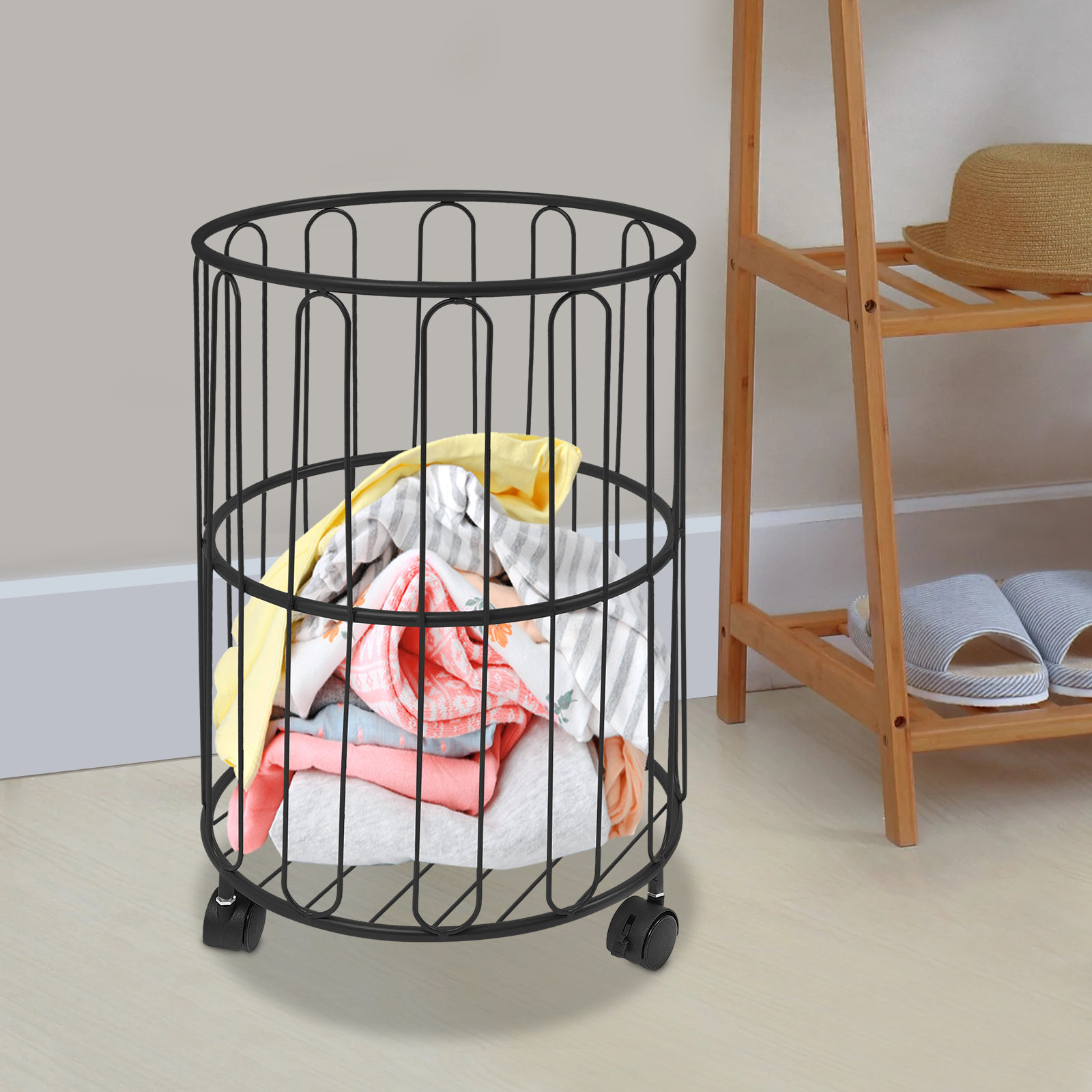 Everly Quinn Rolling Laundry Basket Cart, Metal Rolling Laundry Basket ...