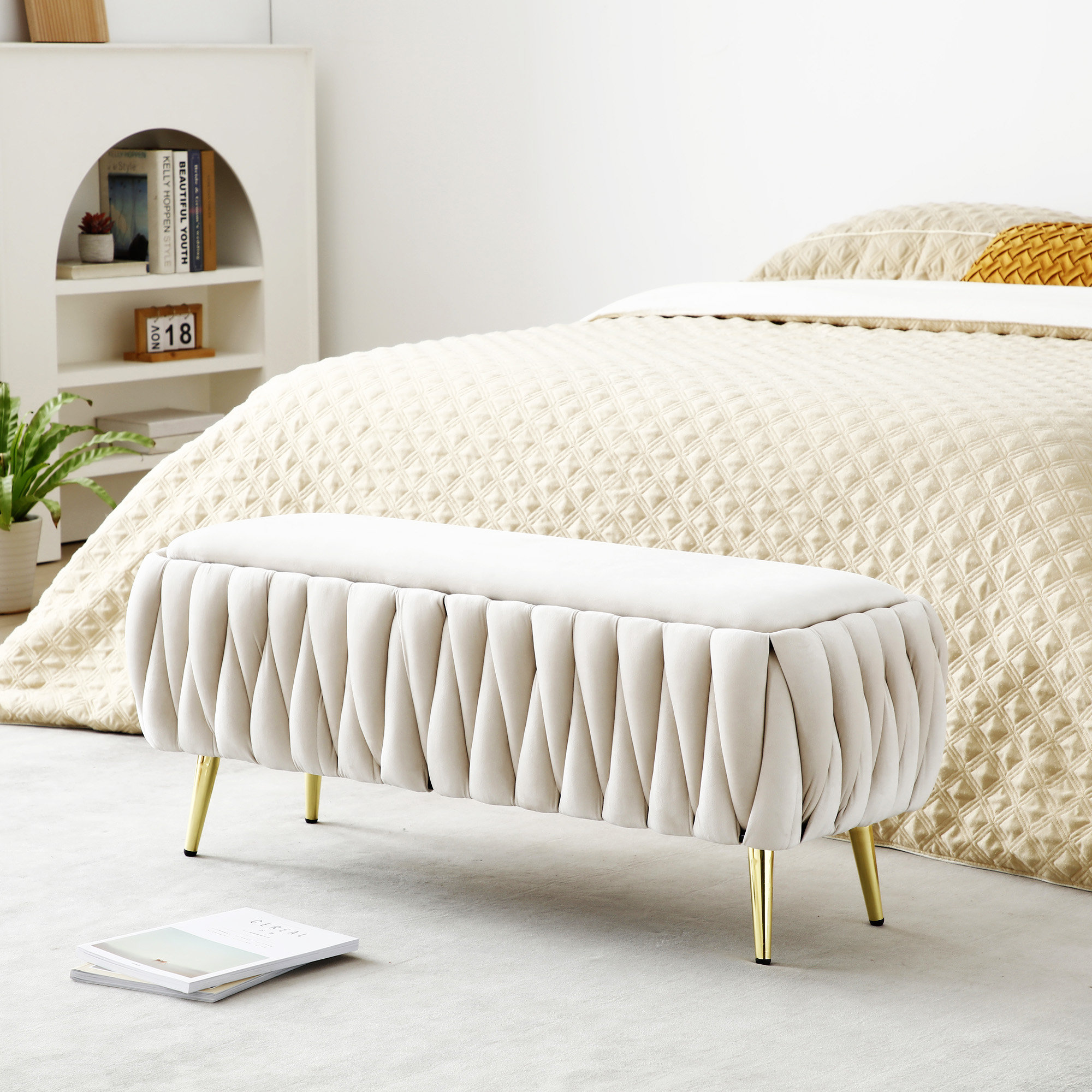 Everly Quinn Oval Storage Bench With Gold Legs,Velvet Fabric ,Woven ...