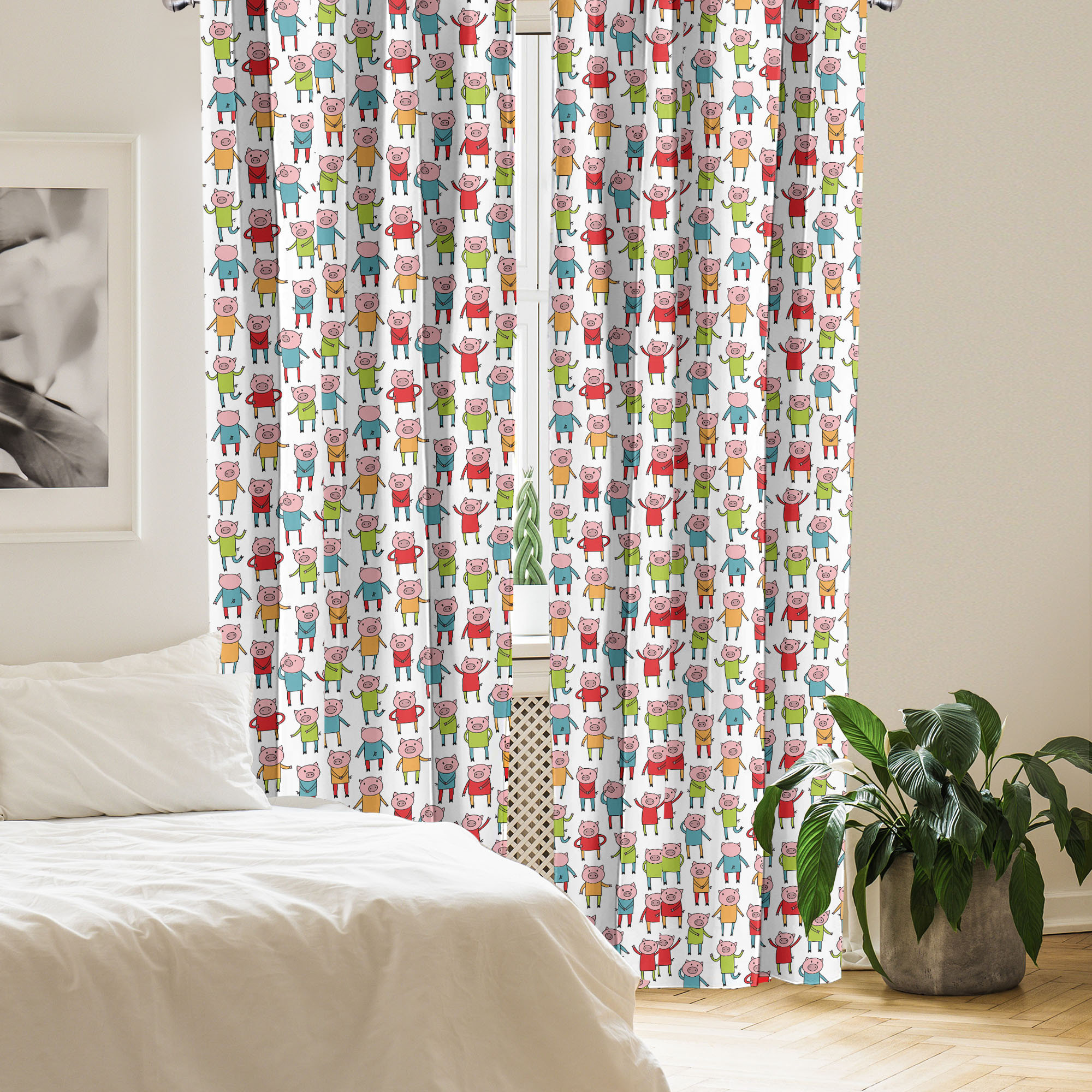 East Urban Home Pig 4-Panel Curtains, Cartoon Characters in Clothes ...