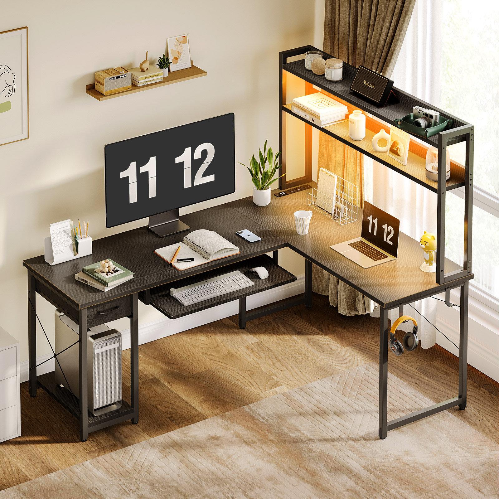 Ebern Designs Adriaunna L-Shaped Desk with Desktop Shelves,Computer ...