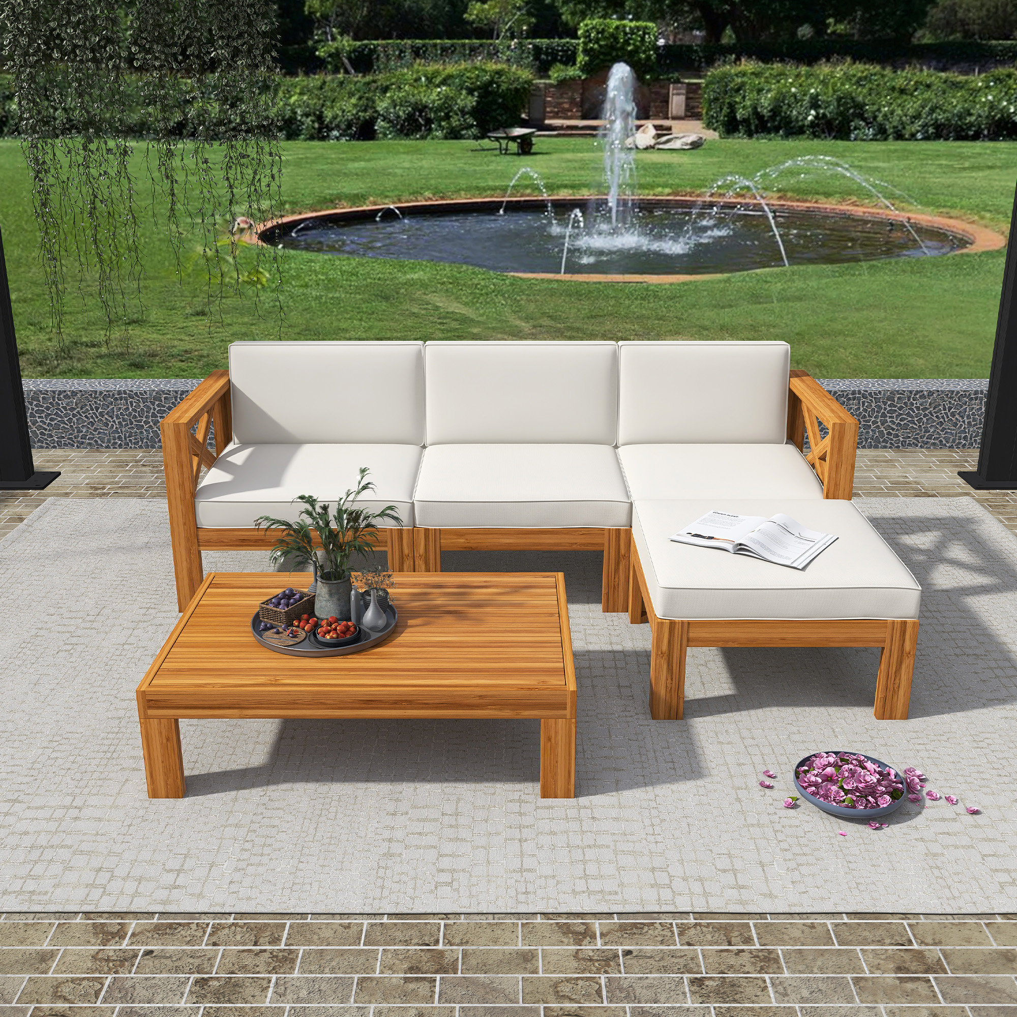 Rosecliff Heights 5-Piece Outdoor Patio Wood Sectional Sofa Set | Wayfair