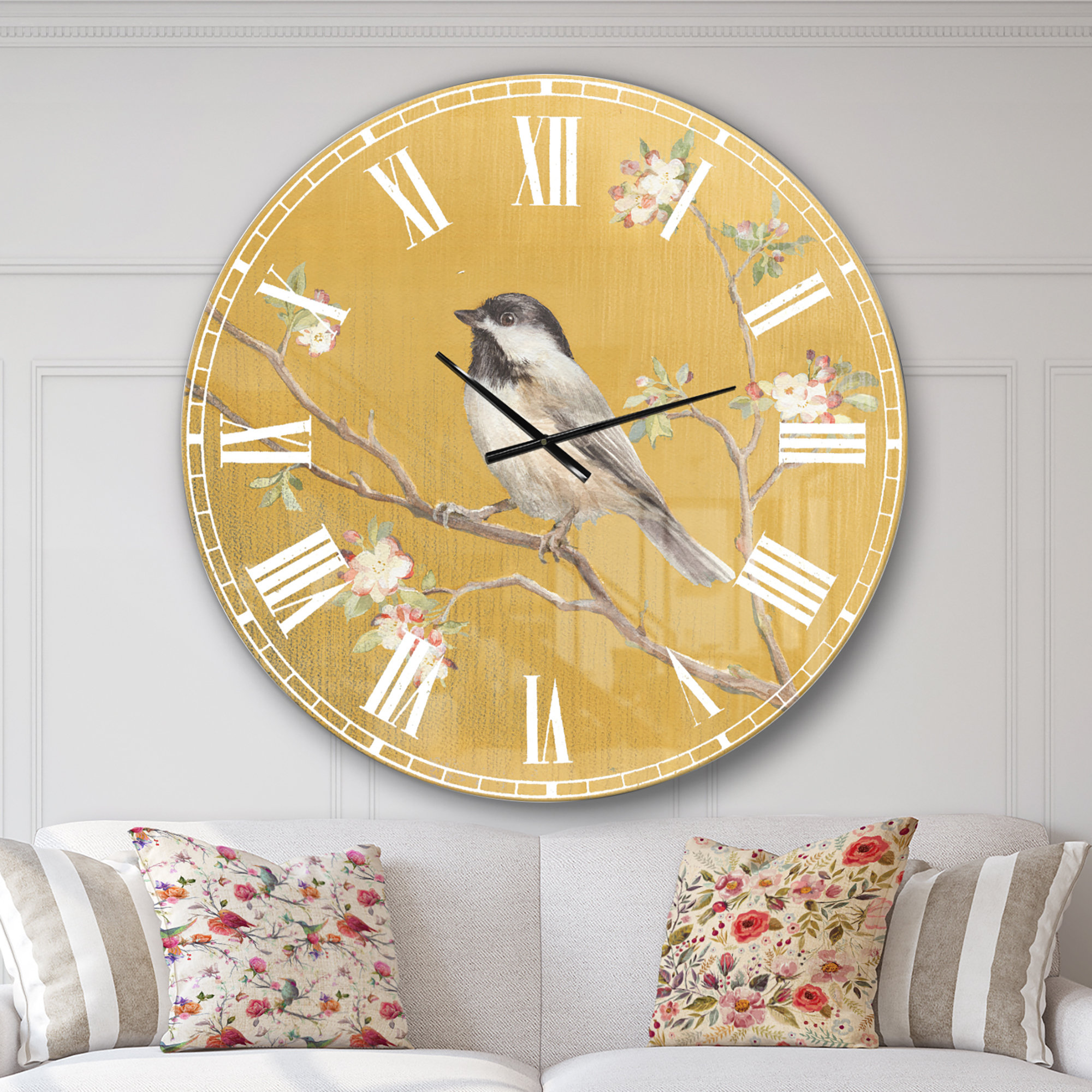 The Twillery Co. Gold Bird on Blossoms IV - Farmhouse Wall Clock | Wayfair