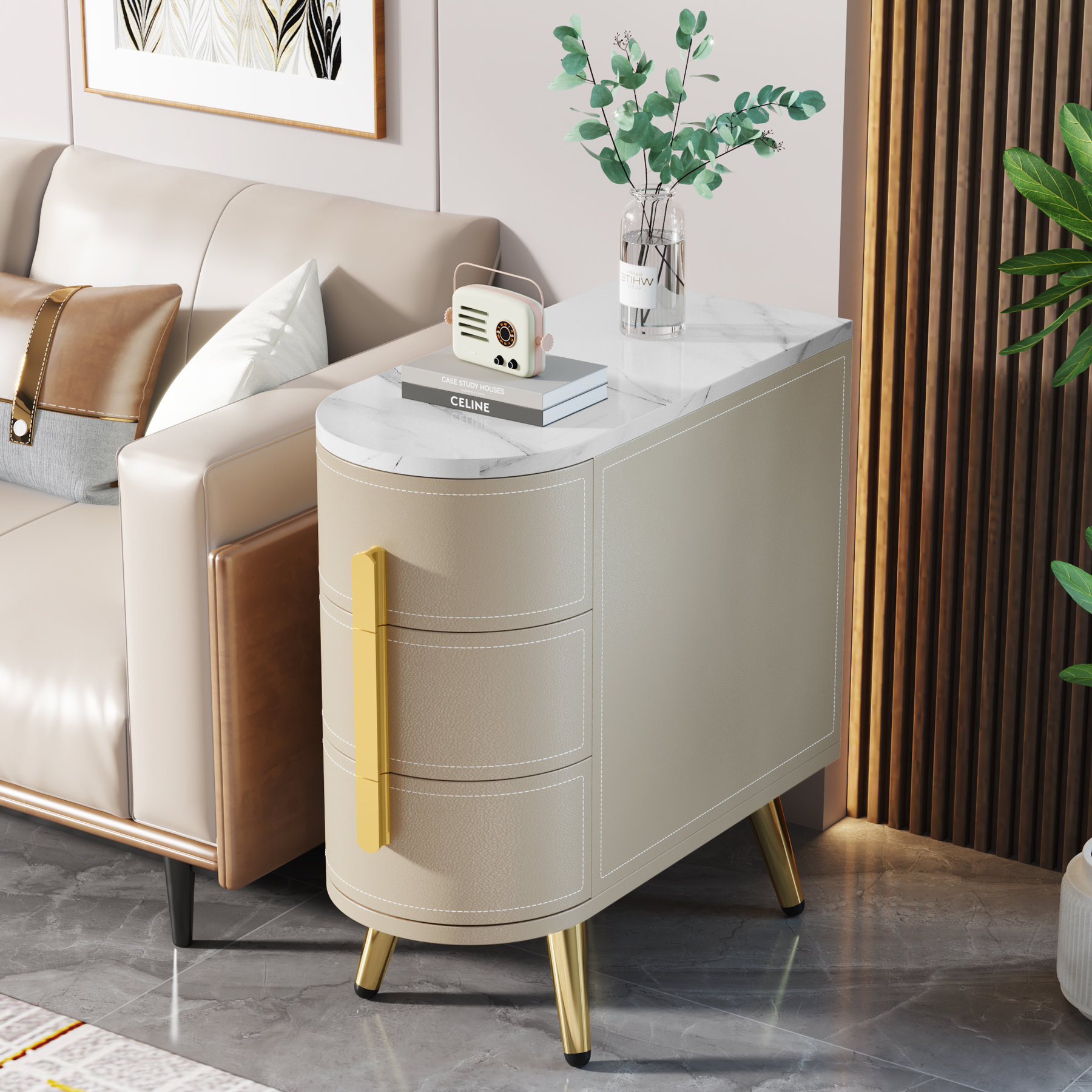 Ivy Bronx Daisie Saddle Leather End Table with 3 Drawers | Wayfair