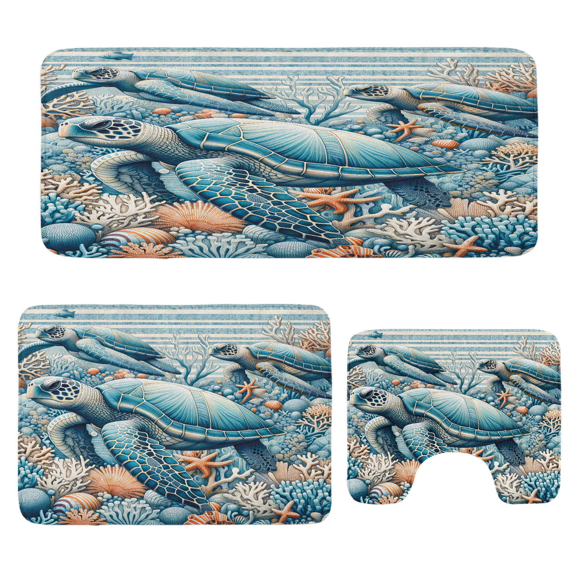 Dakota Fields Turtle Bathroom Rug Set 3 Pieces U-Shape & Rectangle Mats Salmon and Sea Blue ...