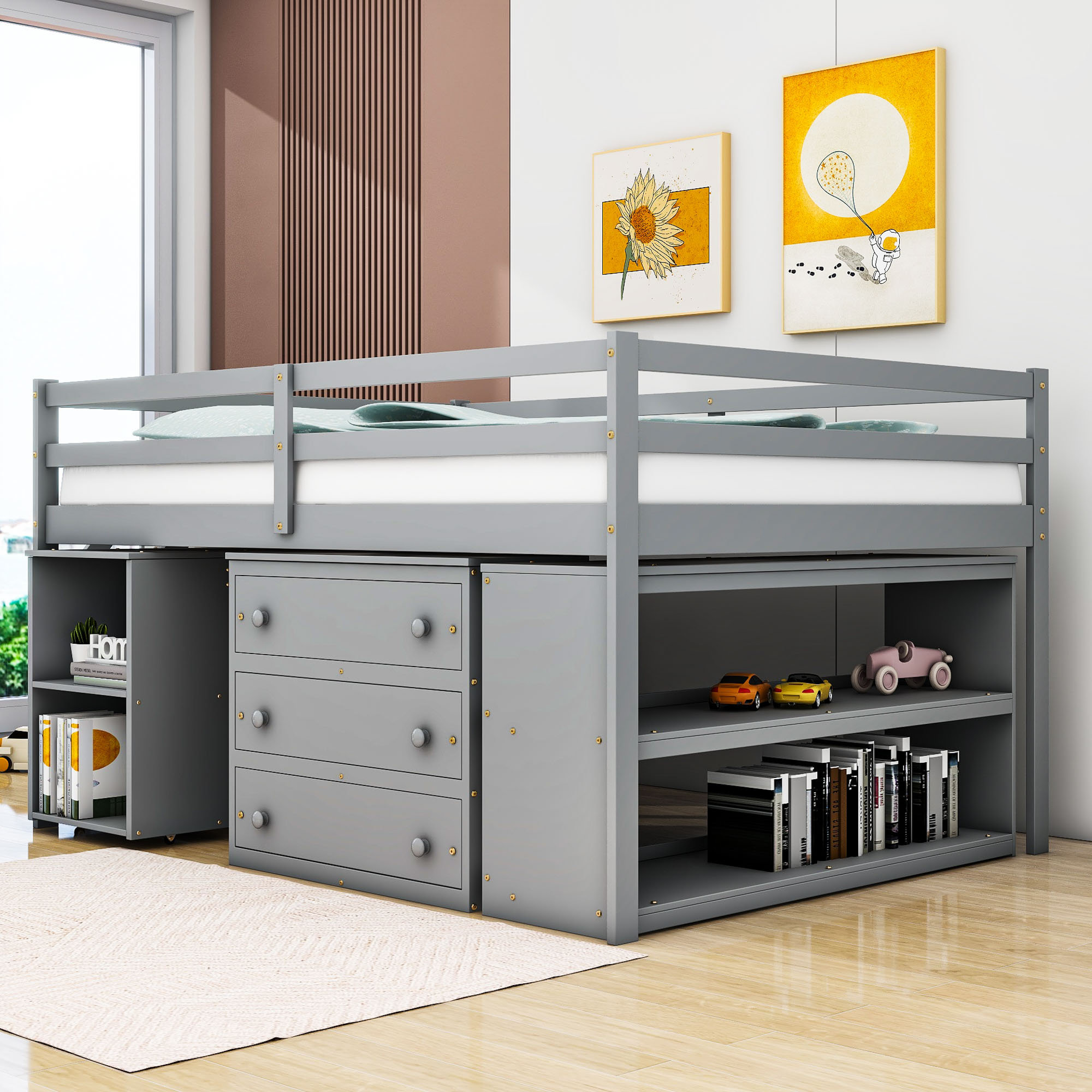 Harriet Bee Obryan Wood Full Loft Bed with Retractable Desk, 3 Drawers ...