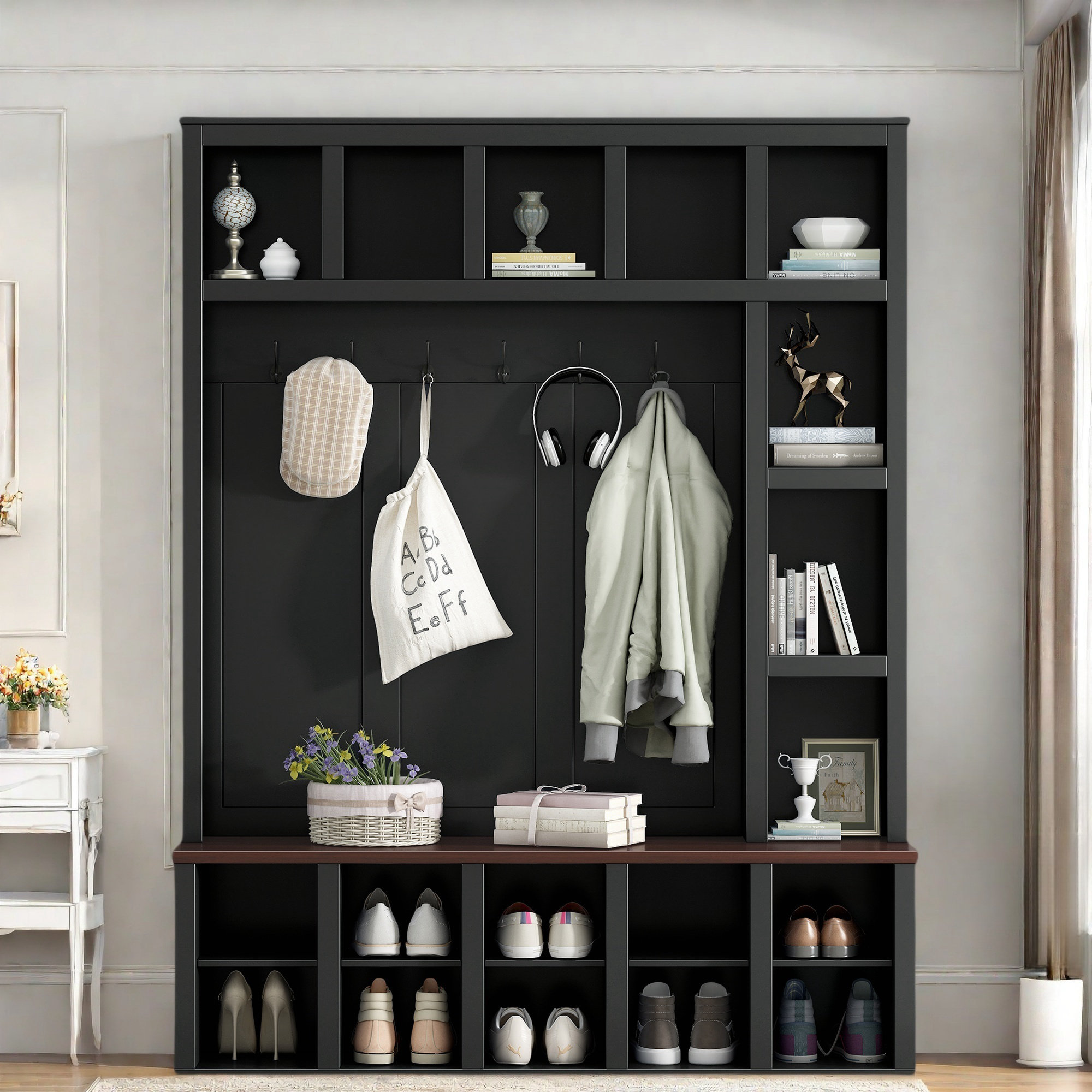 Red Barrel Studio® Farmhouse Wooden Hall Tree With Coat Rack, Sitting ...