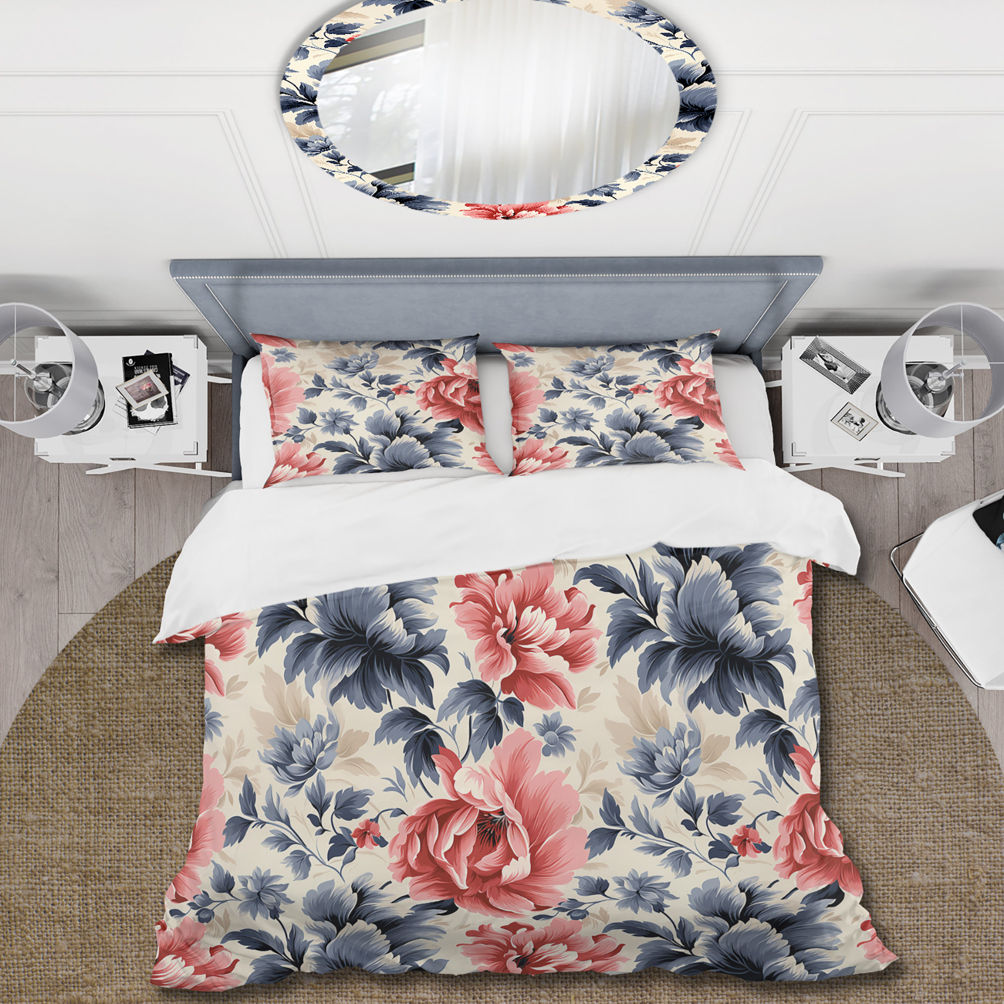 Design Art Red And Blue Damask Flower Nostalgia I - Damask Duvet Cover ...