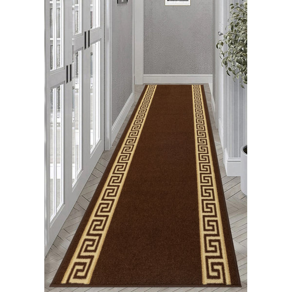 World Menagerie Greek Key Border Brown Low Pile Slip Resistant Rugs ...