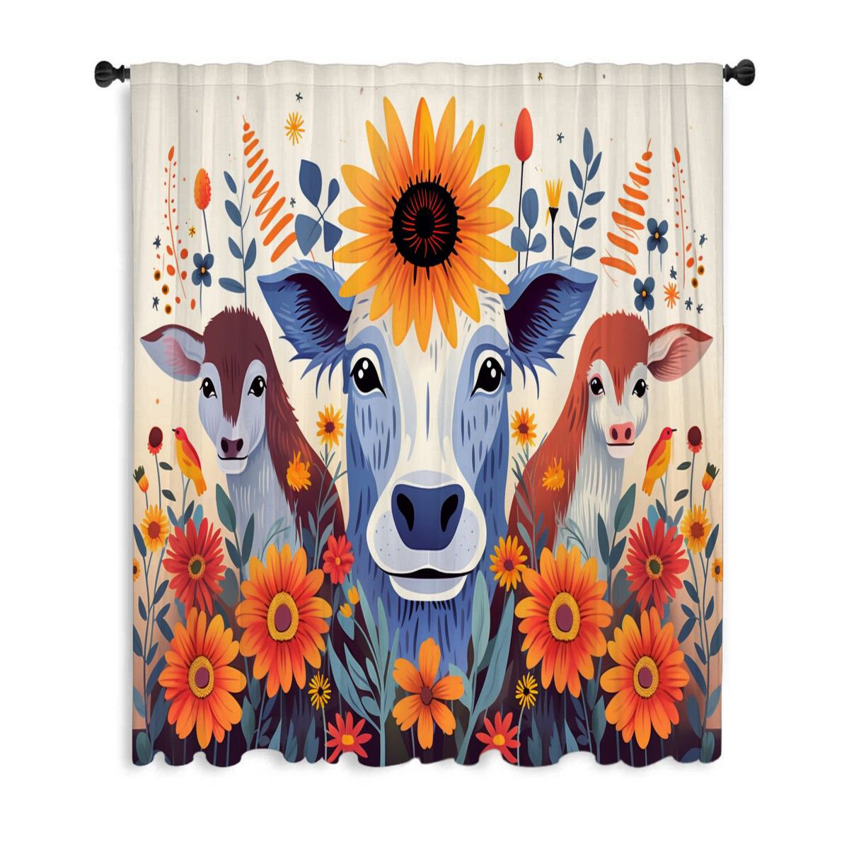 VisionDecor Farm Animal Window Curtains, Floral Blockout & Sheer ...