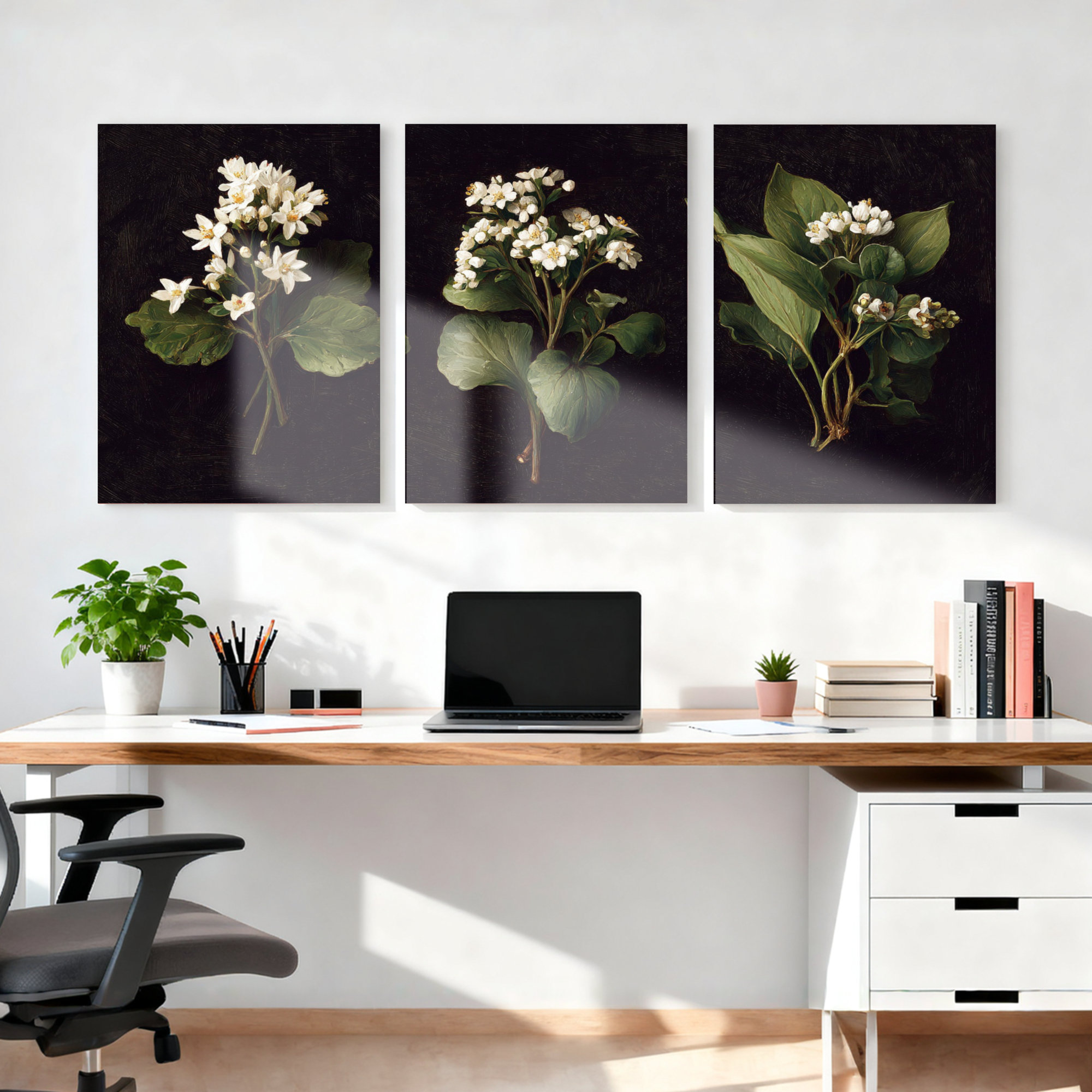 Winston Porter White Flowers and Green Leaves Botanical Canvas Wrapped ...