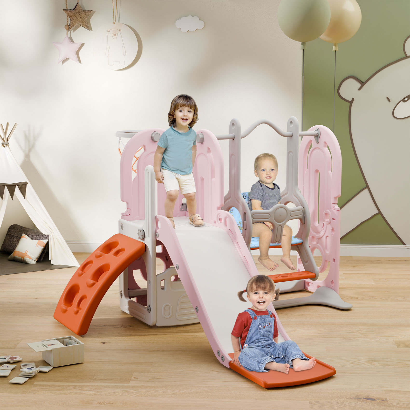 Suteck 5-in-1 Kids Slide with Climbe and Swing Outdoor Indoor Slide ...