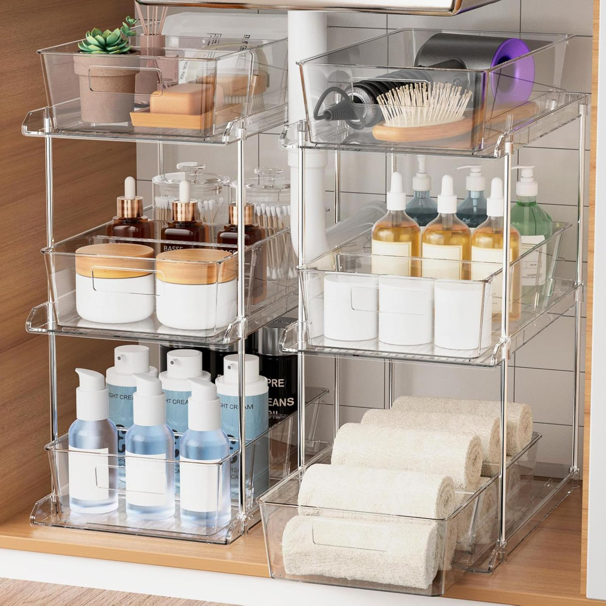 Wrought Studio™ Pull-Out Home Organizer, 3 Pack 2 Tier Clear Bathroom ...