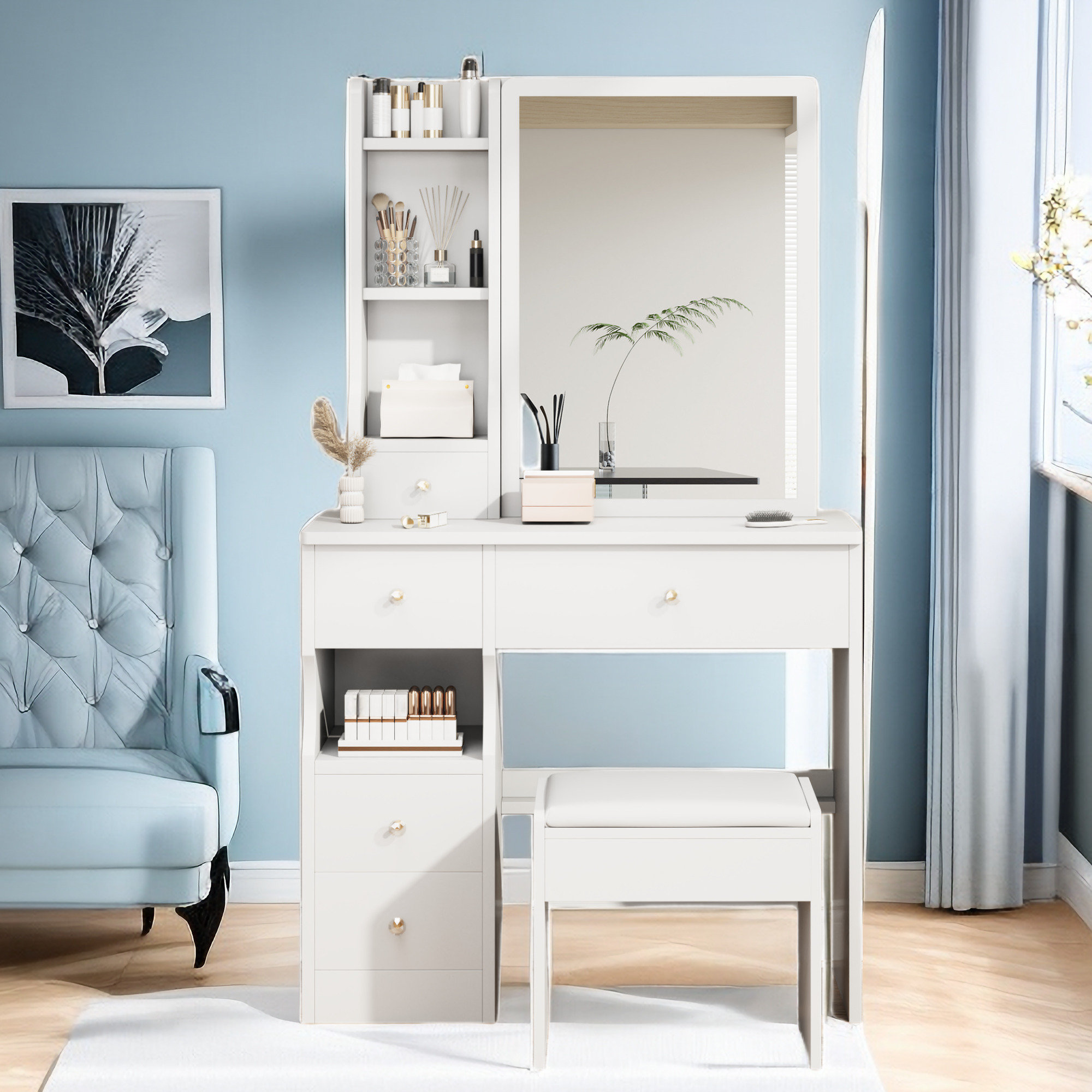 Latitude Run® Zaylea 5-Drawer Vanity Table With Upholstered Stool and ...