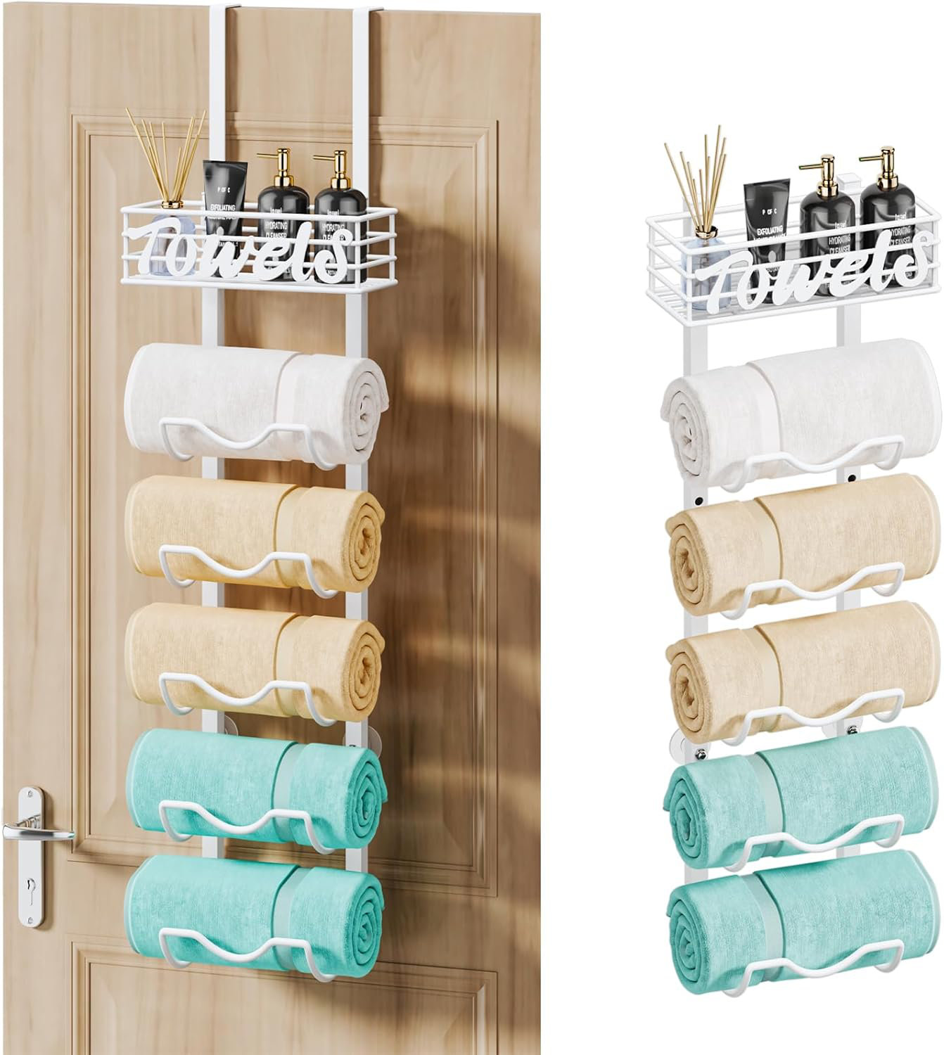 QIANXING Over Door Towel Rack With Metal Shelf - 6 Tier Wall Mounted ...
