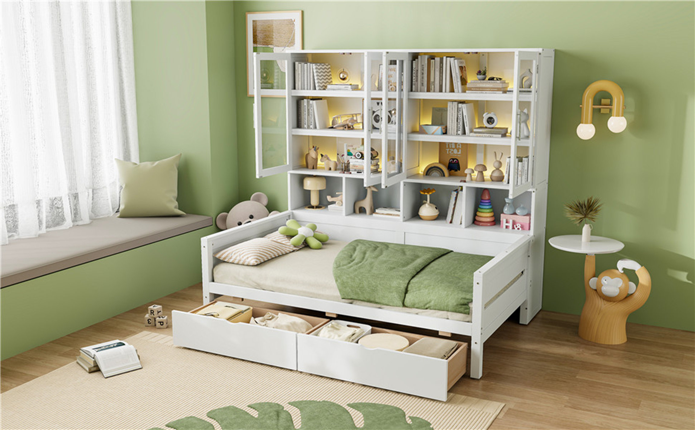 Lark Manor Twin Size Wooden Daybed with Glass-Door Storage Cabinets ...