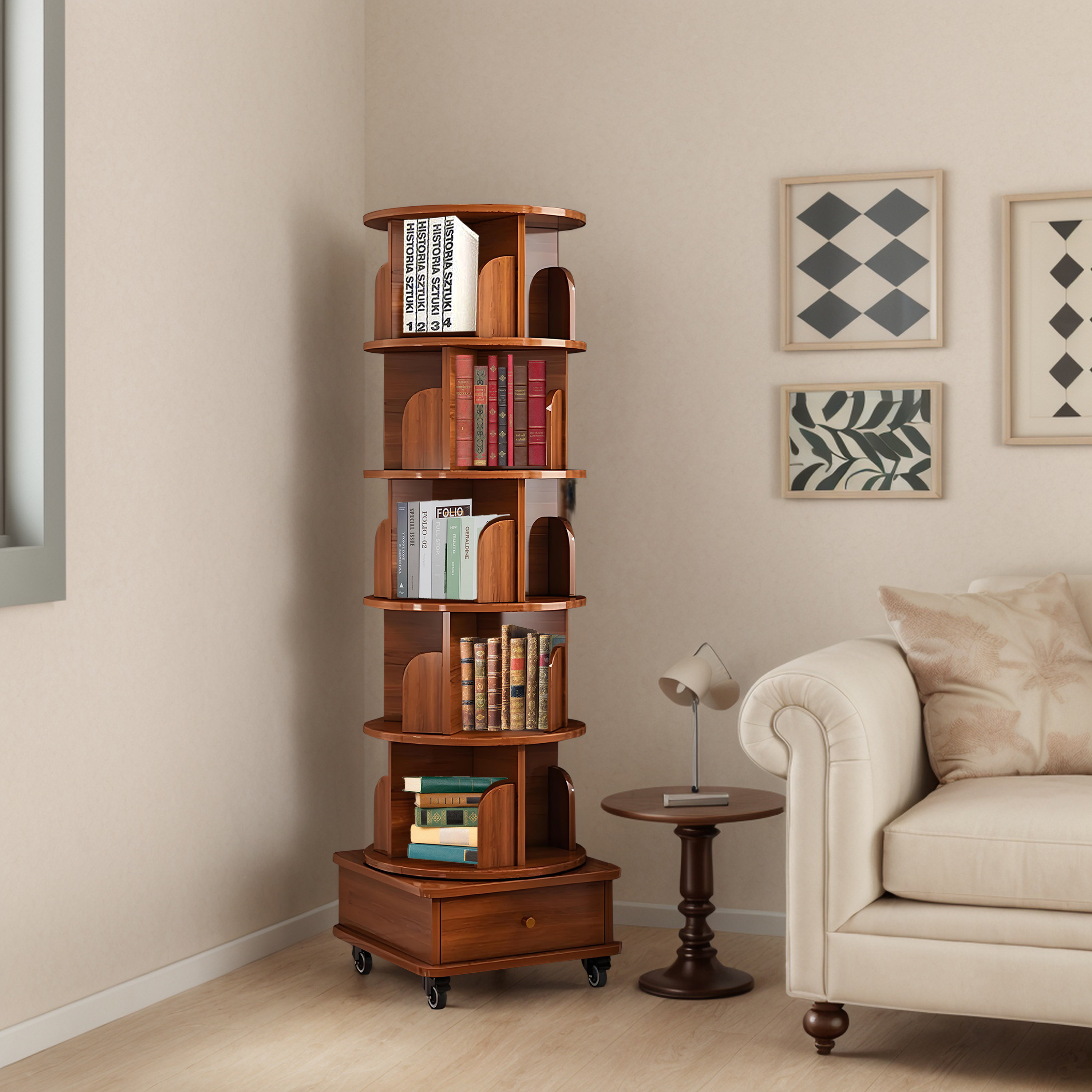 Book Case 5 Tier Rotating Bookshelf, 360 Display Wood Spinning ...