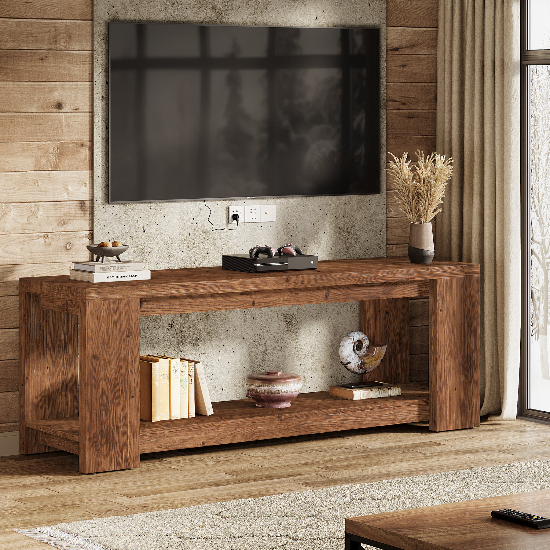Mercer41 Meuble télé 63 po en bois massif avec tablettes ouvertes à 2 ...