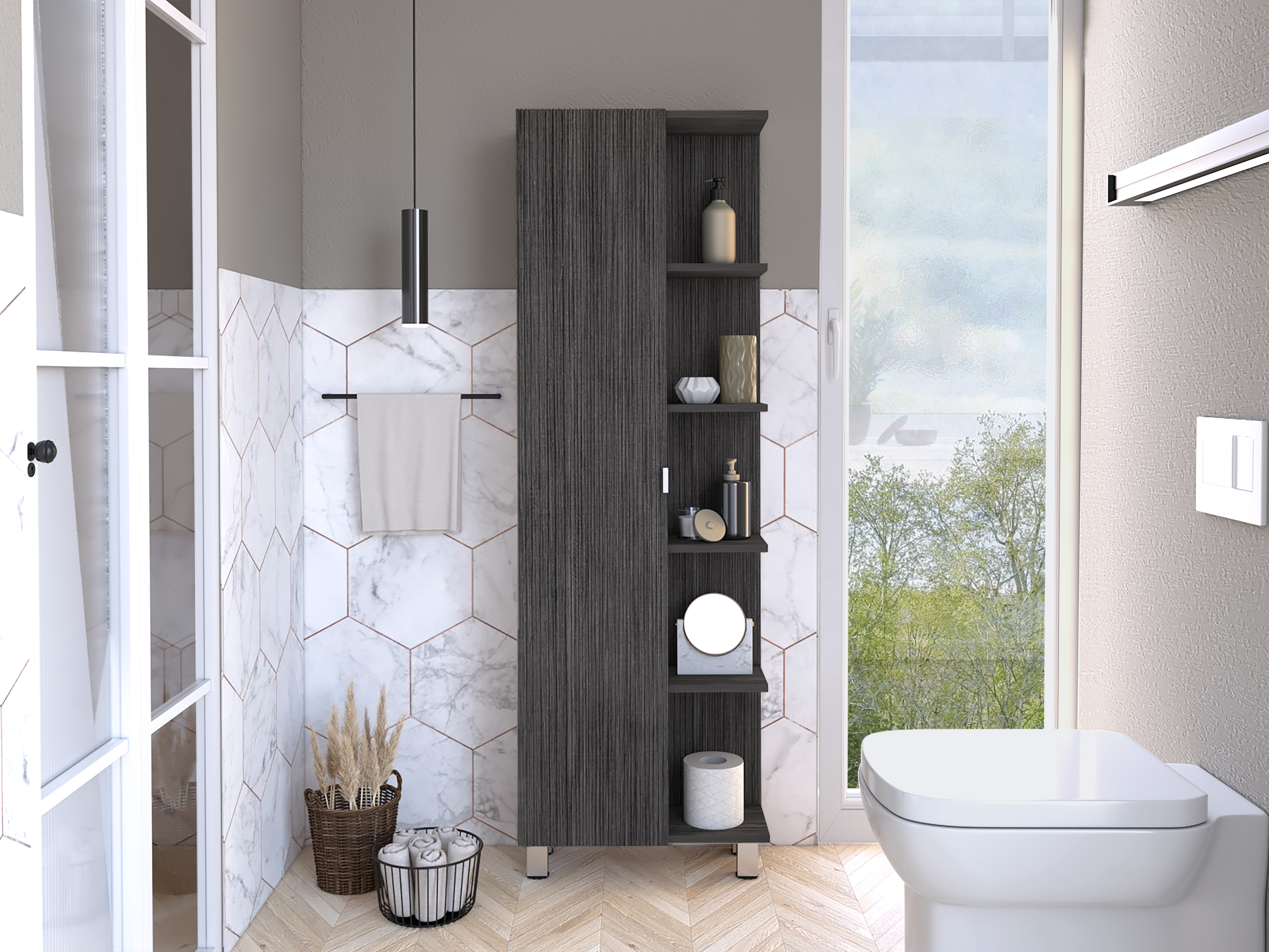 Latitude Run® Urano Linen High Bathroom Cabinet with Four Exterior Open ...