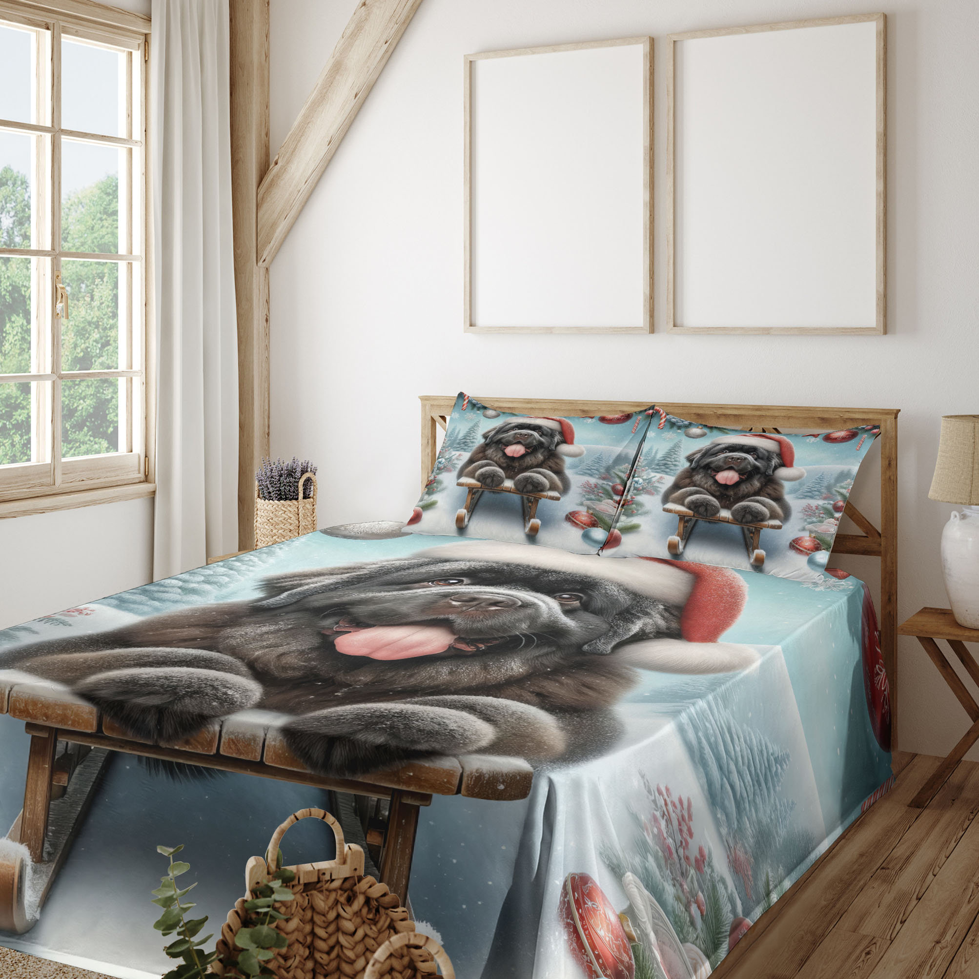 Ambesonne Christmas Sheet Set Santa Newfoundland Sled Dark Grey and ...