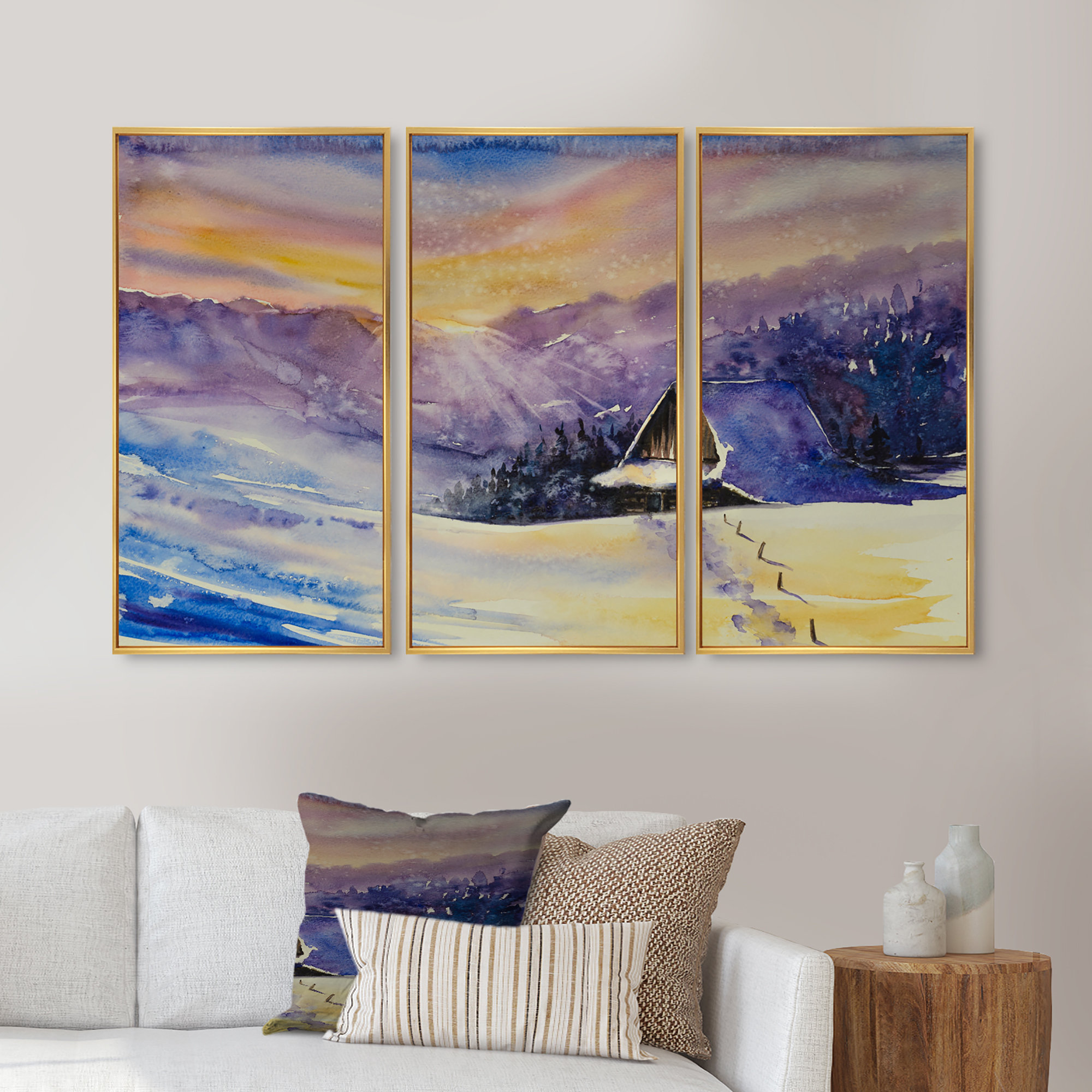 Millwood Pines Purple Sunset Cottage Covered With Snow - Traditional ...