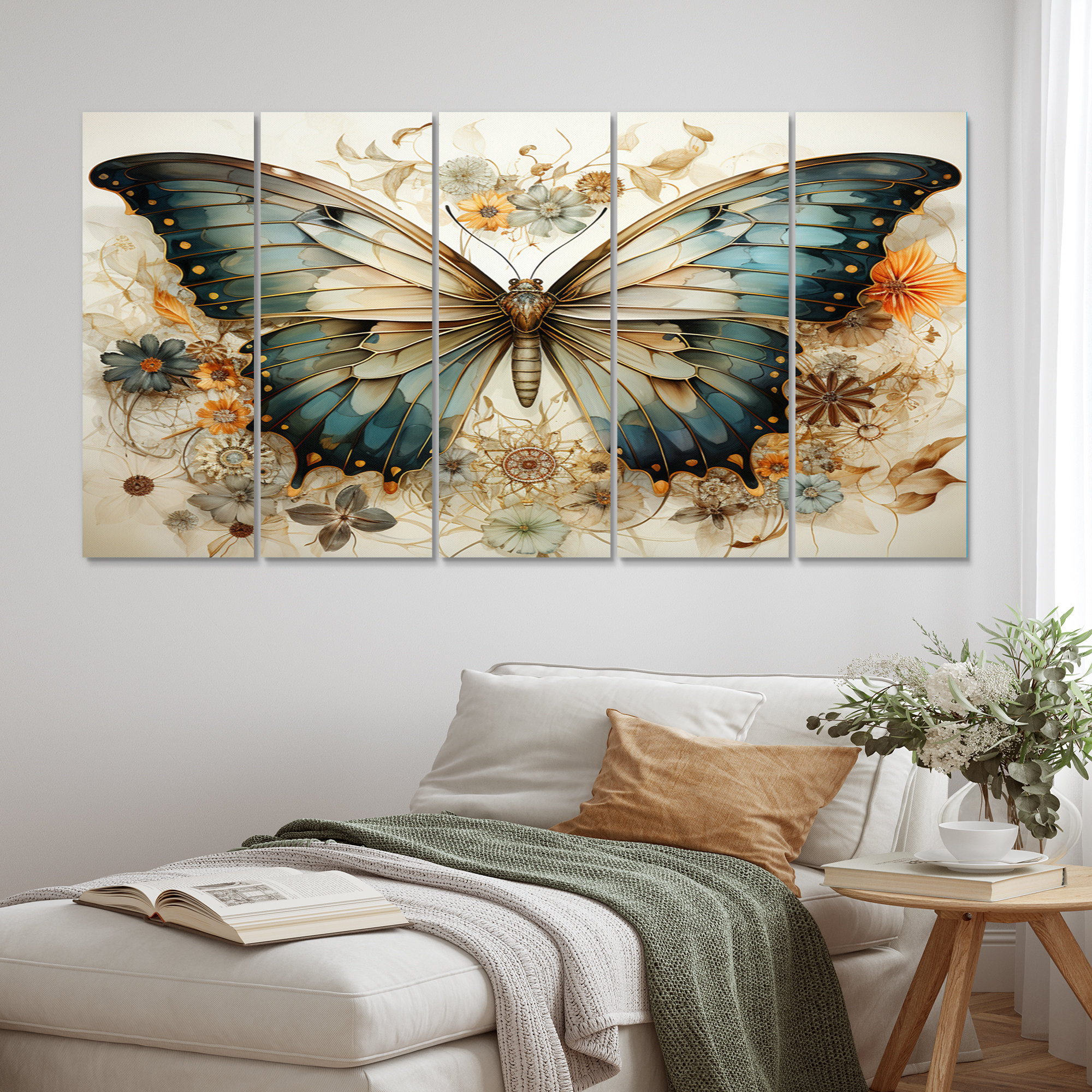 August Grove® Teal Beige Butterfly Intricate Patterns On Canvas 5 ...