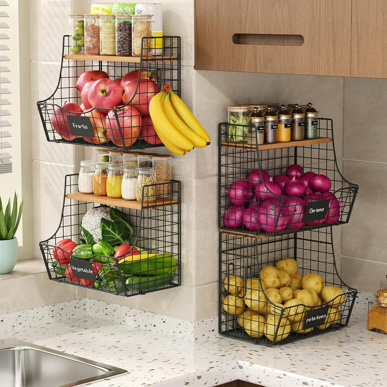 17 Stories Fruit Basket with Wood Lid Naming Plate&Hooks 3 Pack, Wire ...