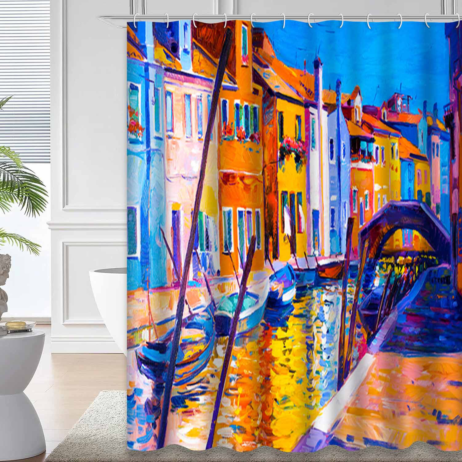 East Urban Home Blue Canal Green Waterproof Shower Curtain with 12 ...