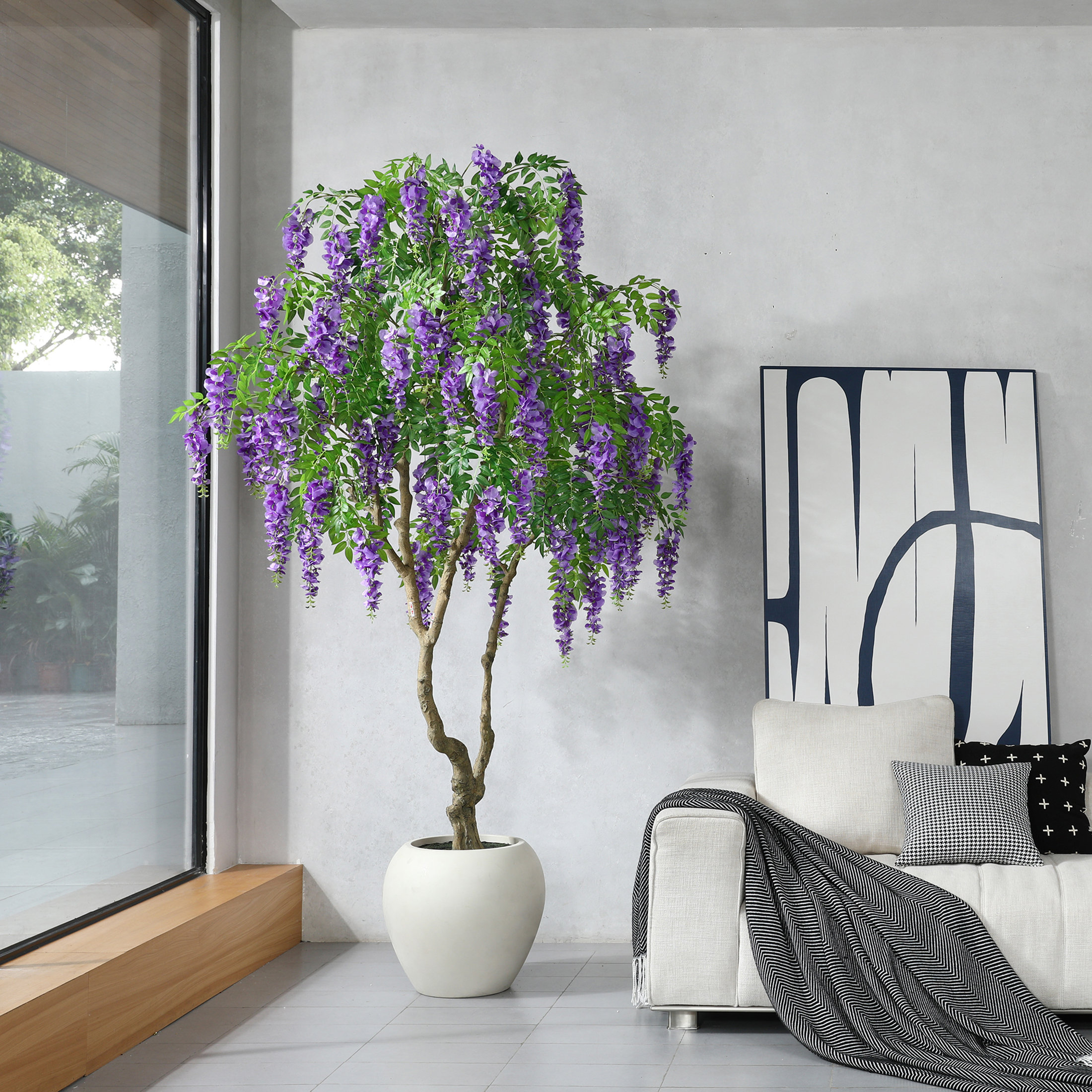 Primrue 8ft Artificial Flower Tree with 18in White Planter, Tall Faux ...