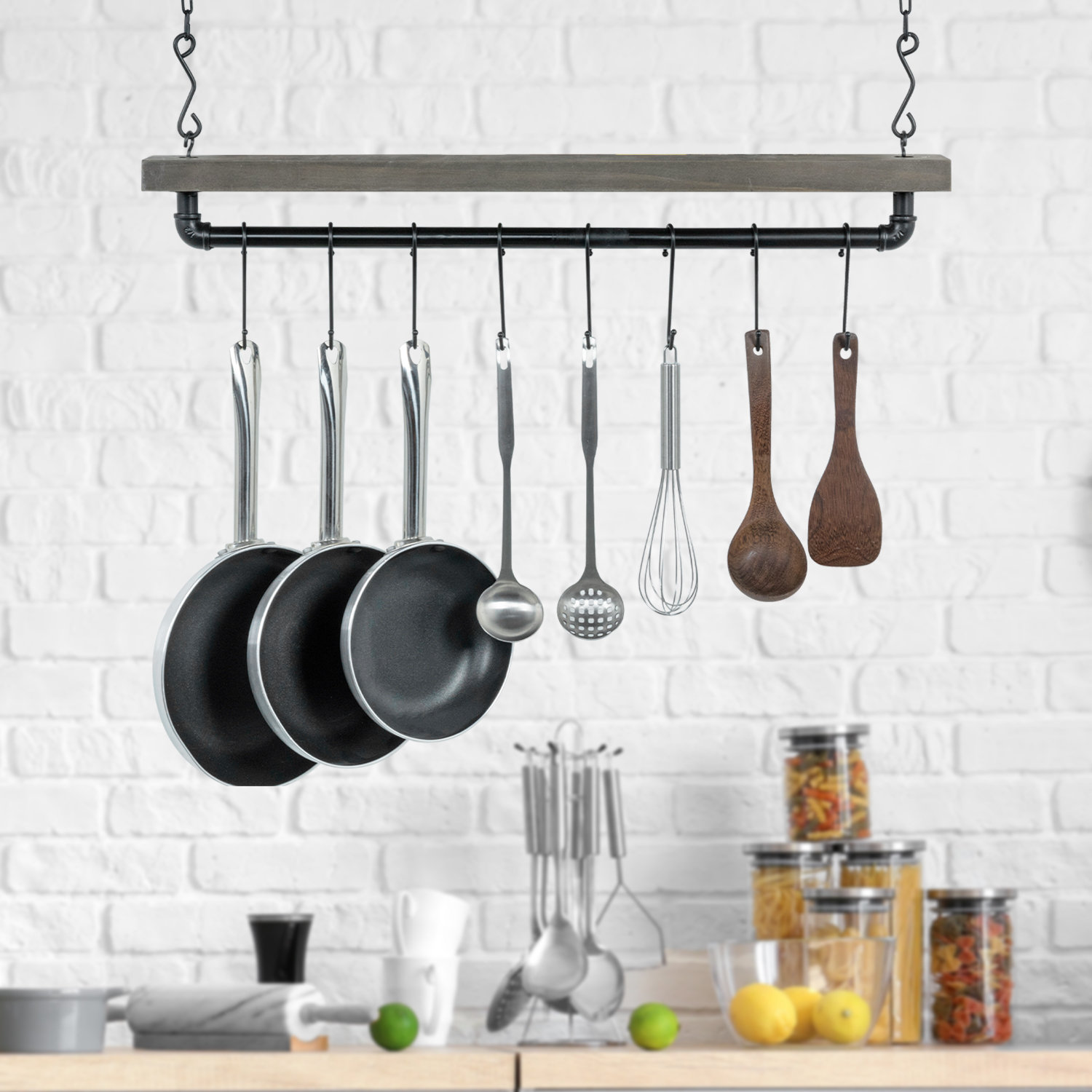 MY GIFT Metal/Wood Rectangle Hanging Pot Rack | Wayfair.co.uk